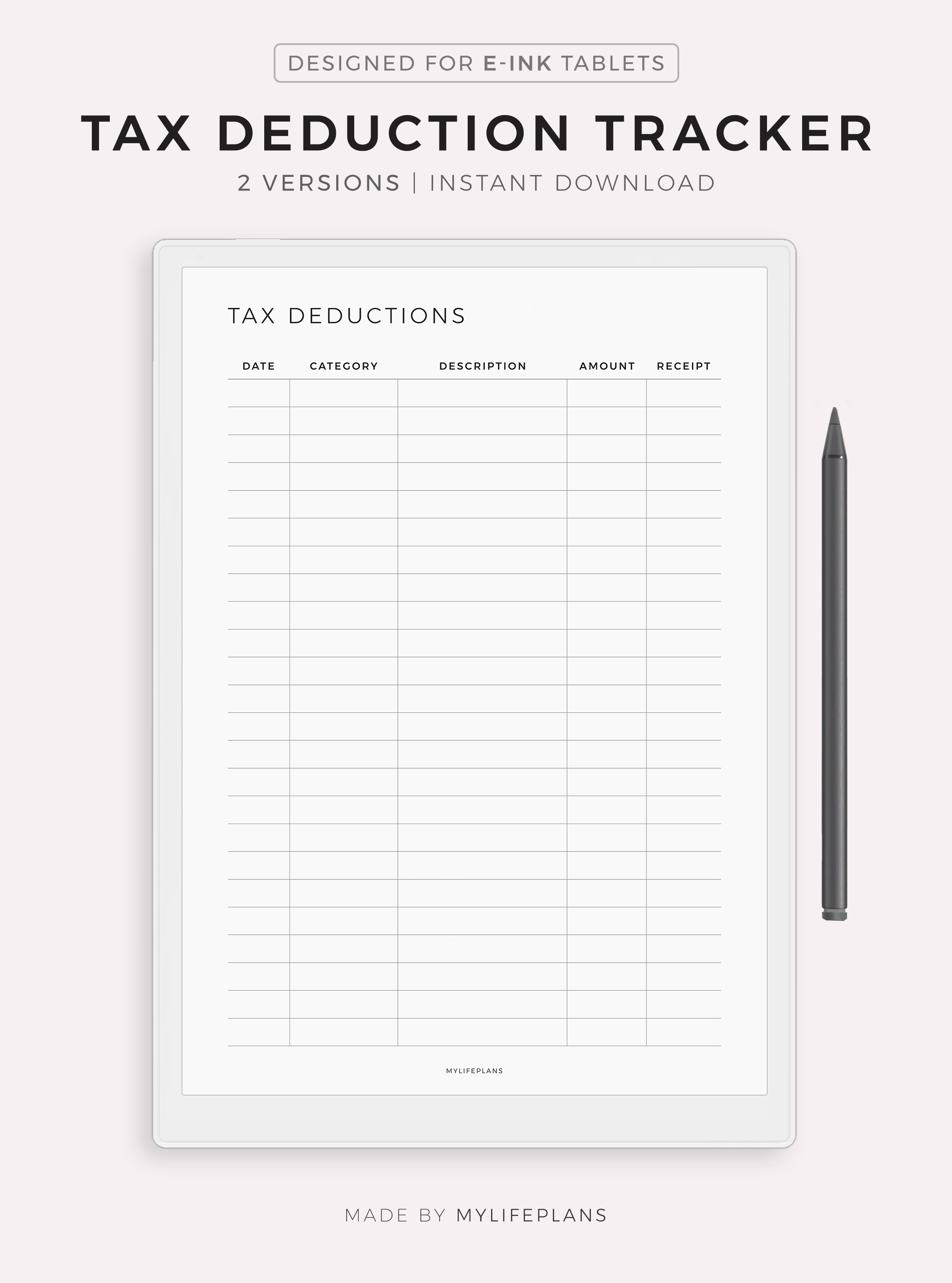 Tax Deduction Tracker Template for Remarkable, Supernote, Kindle Scribe ...