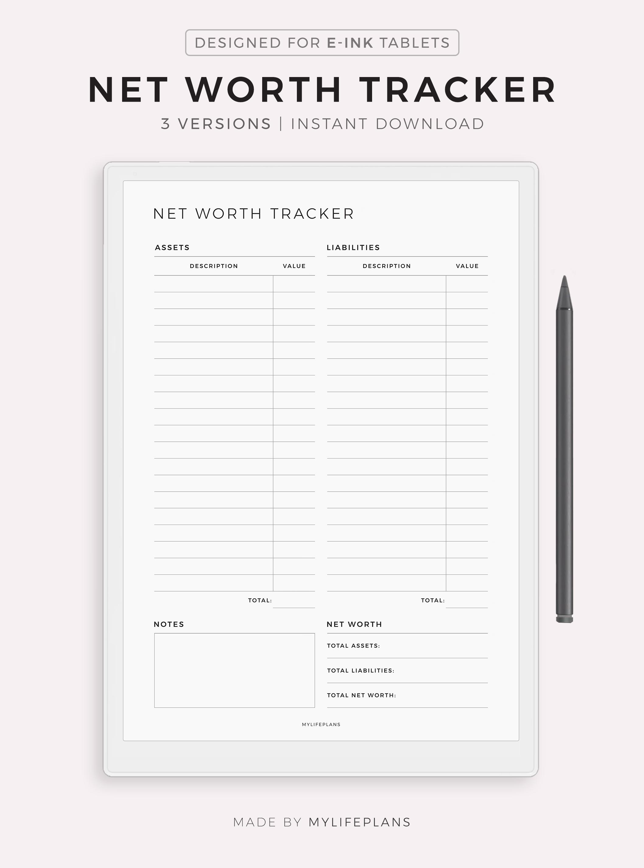 Net Worth Tracker Template for Remarkable, Supernote, Kindle Scribe ...