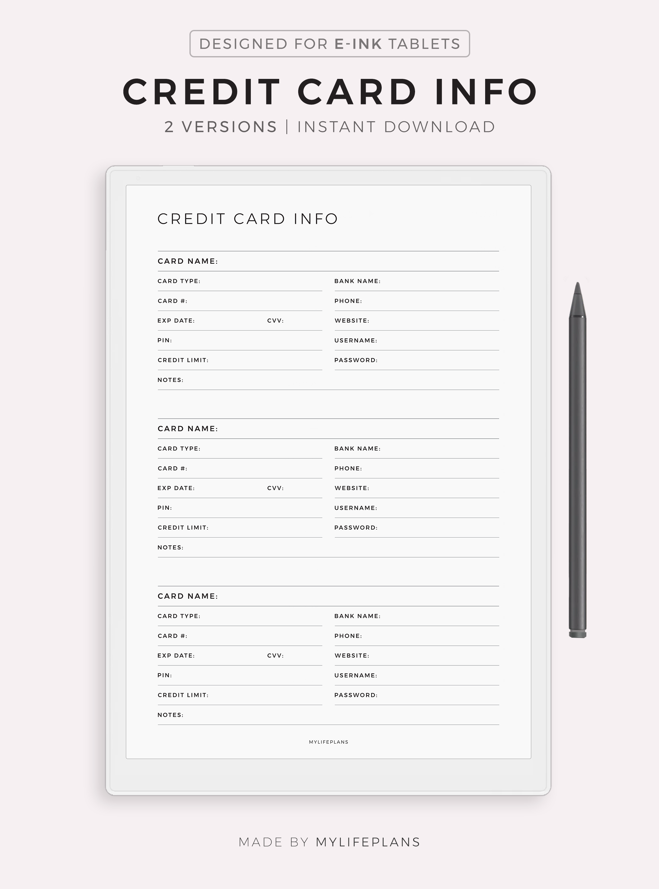 Credit Card Information Tracker Template for Remarkable, Supernote ...