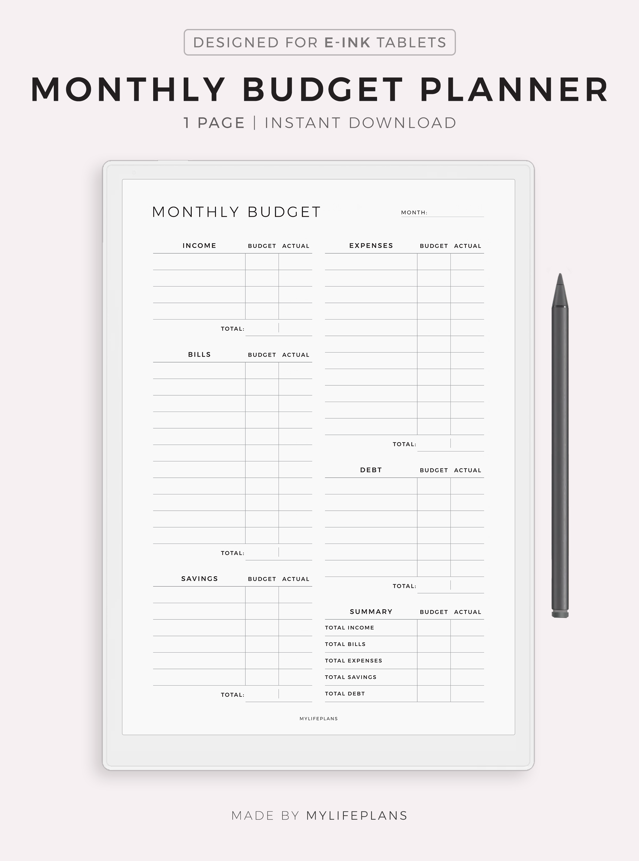 Monthly Budget Planner for Remarkable, Supernote, Kindle Scribe, Boox ...