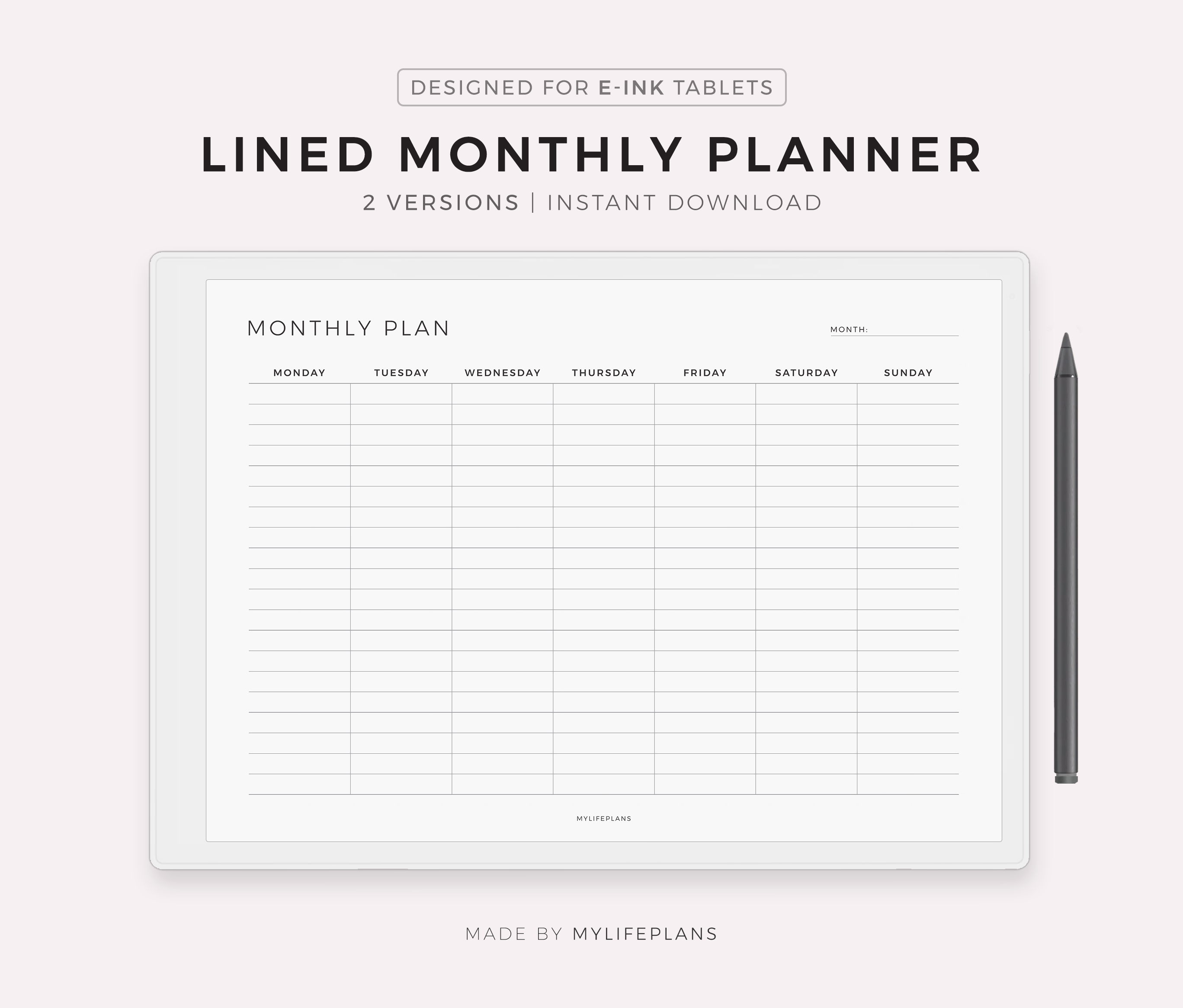 Lined Monthly Planner, Landscape, Compatible with Remarkable, Supernote ...