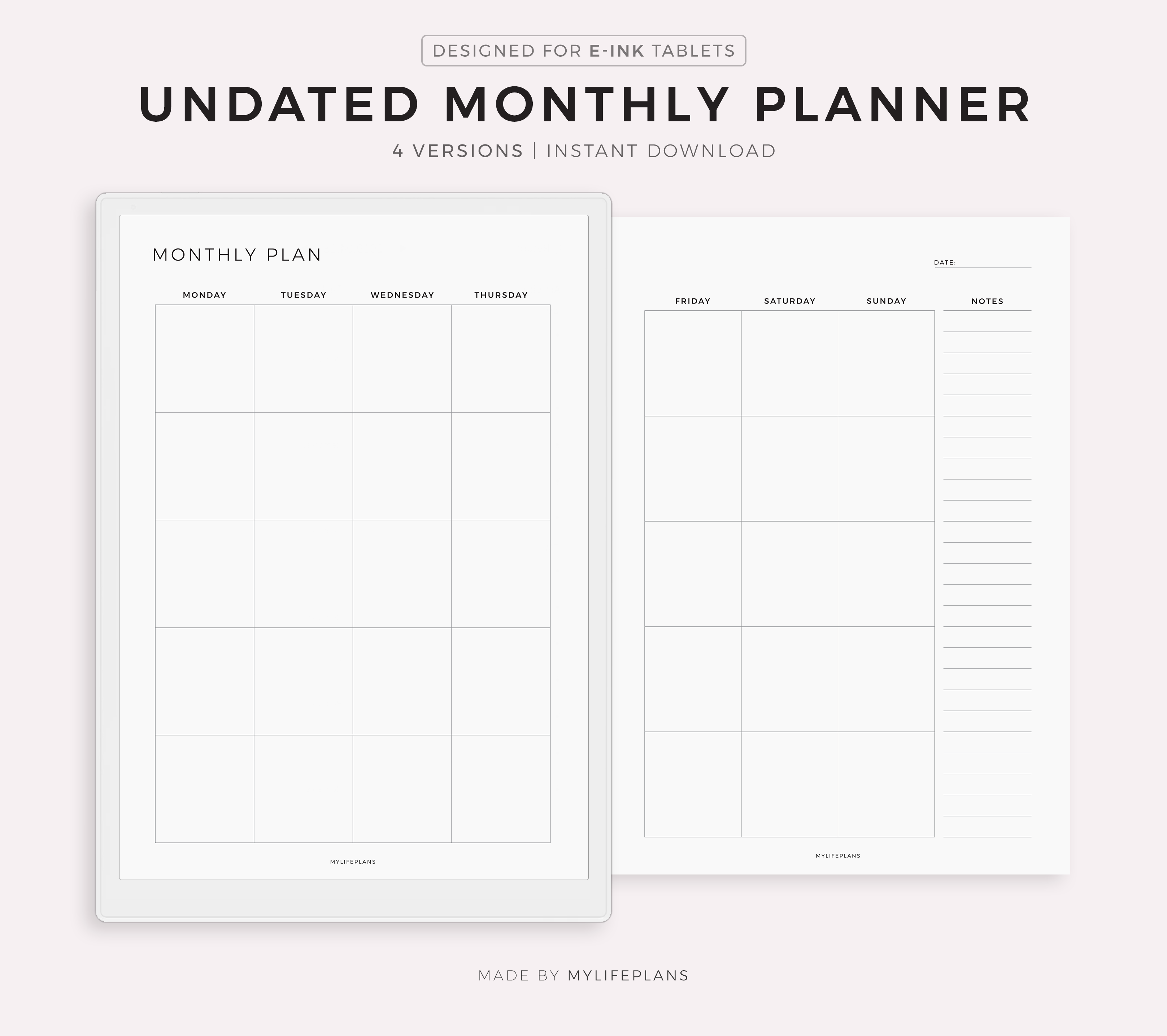 Undated Monthly Planner for Remarkable, Supernote, Kindle Scribe, Boox ...