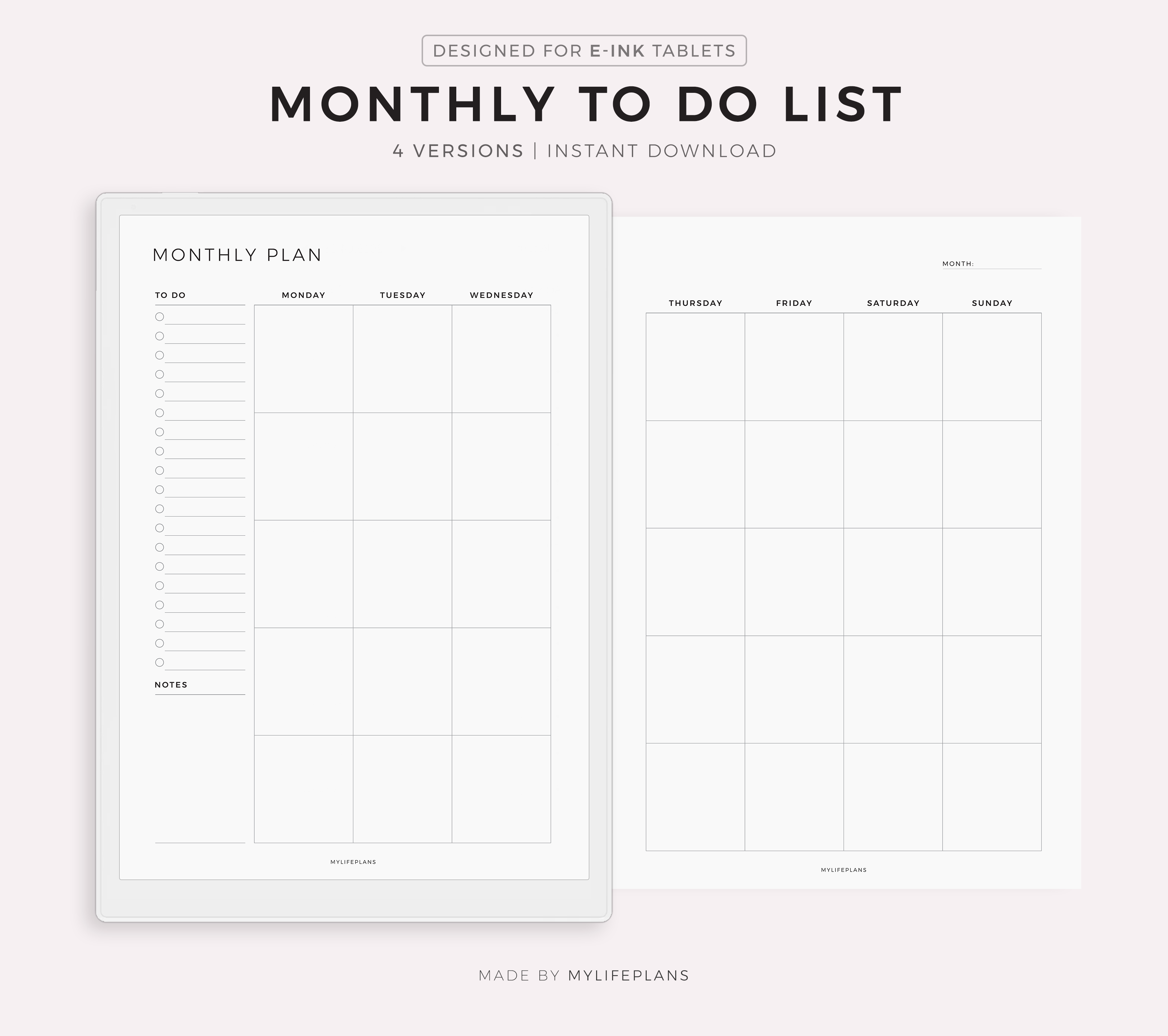 Monthly To Do List on Two Pages, Compatible with Remarkable, Supernote ...