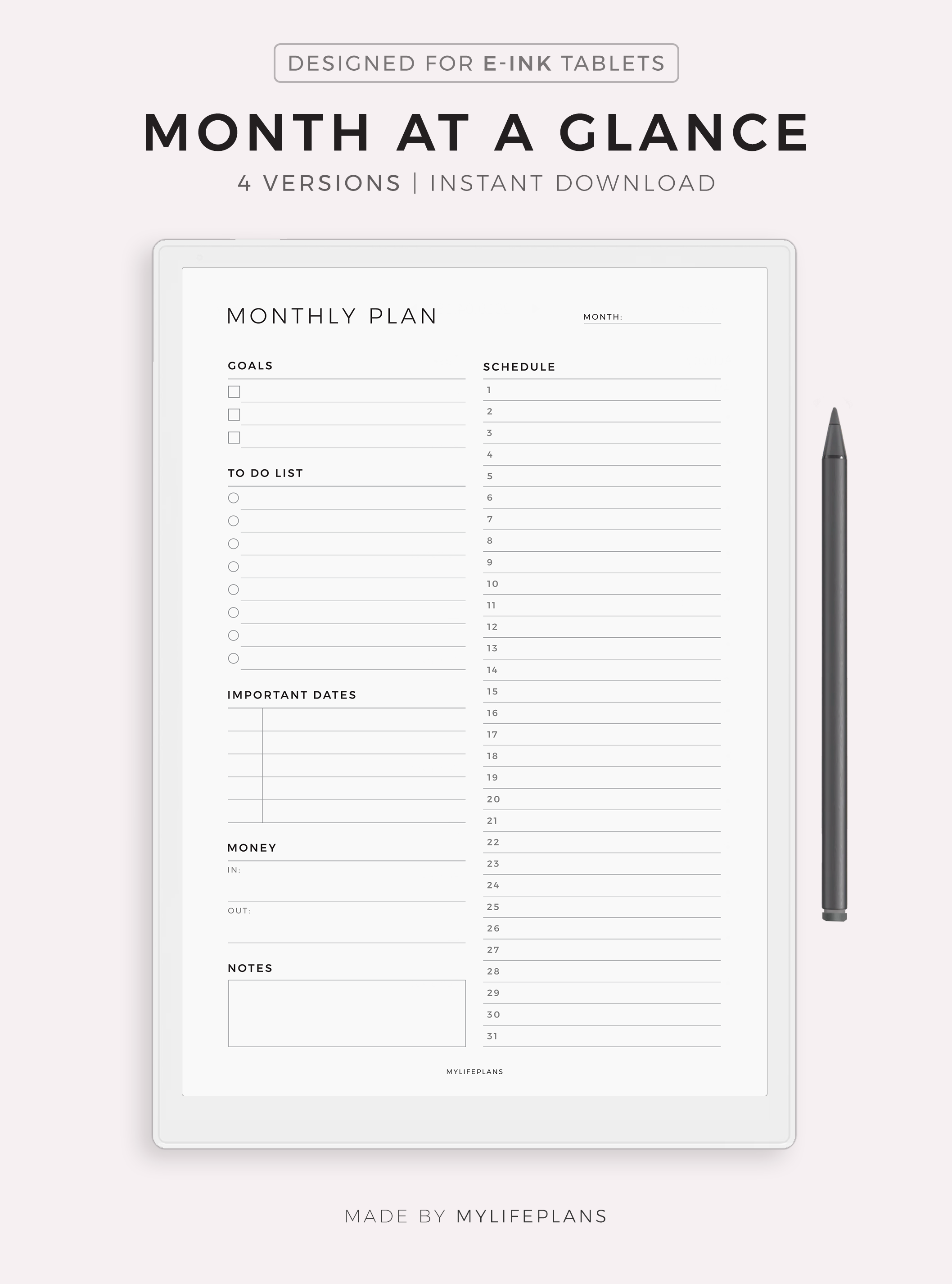 Month At a Glance Planner for Remarkable, Supernote, Kindle Scribe ...