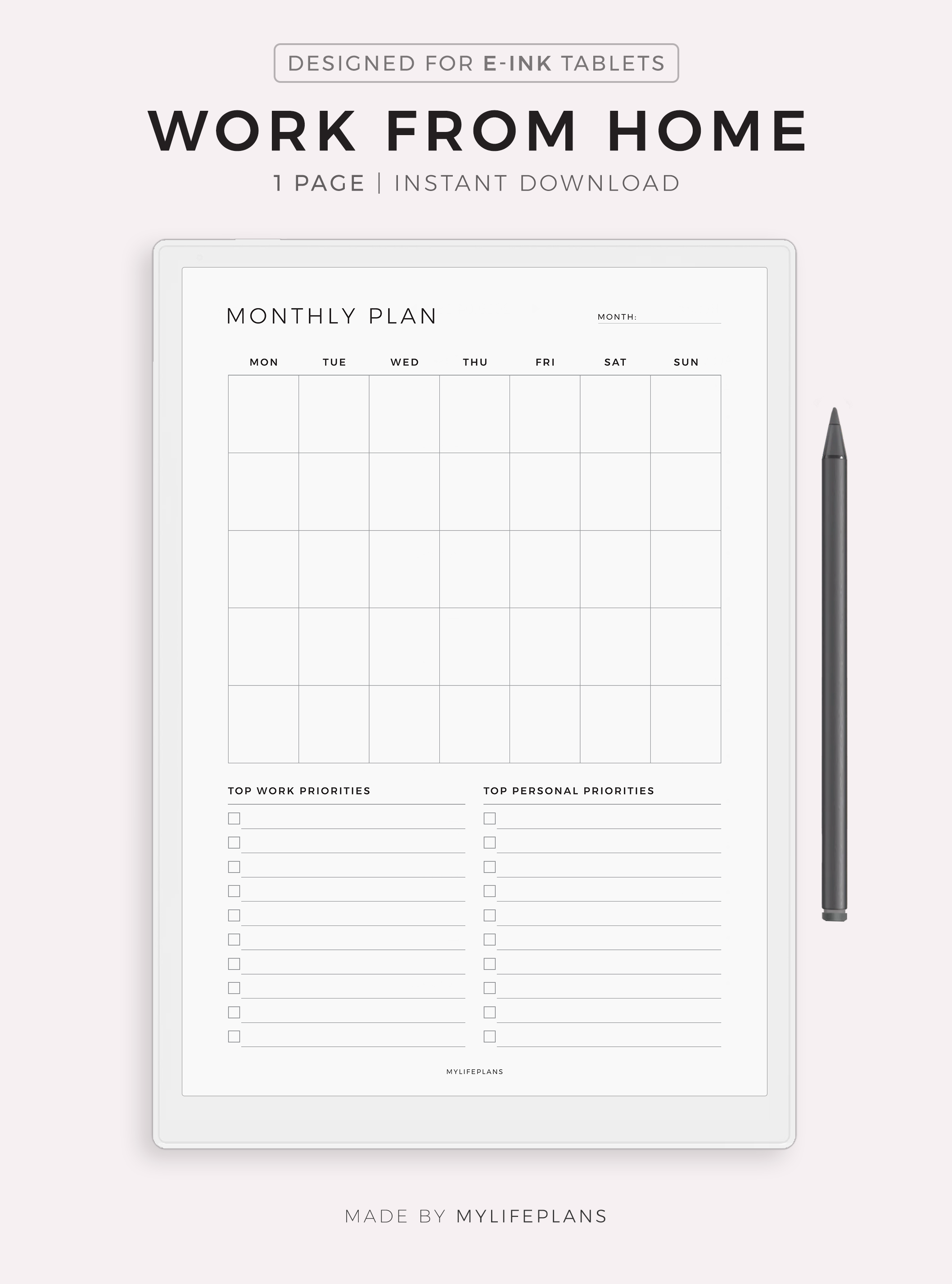 Work from Home Monthly Planner for Remarkable, Supernote, Kindle Scribe ...