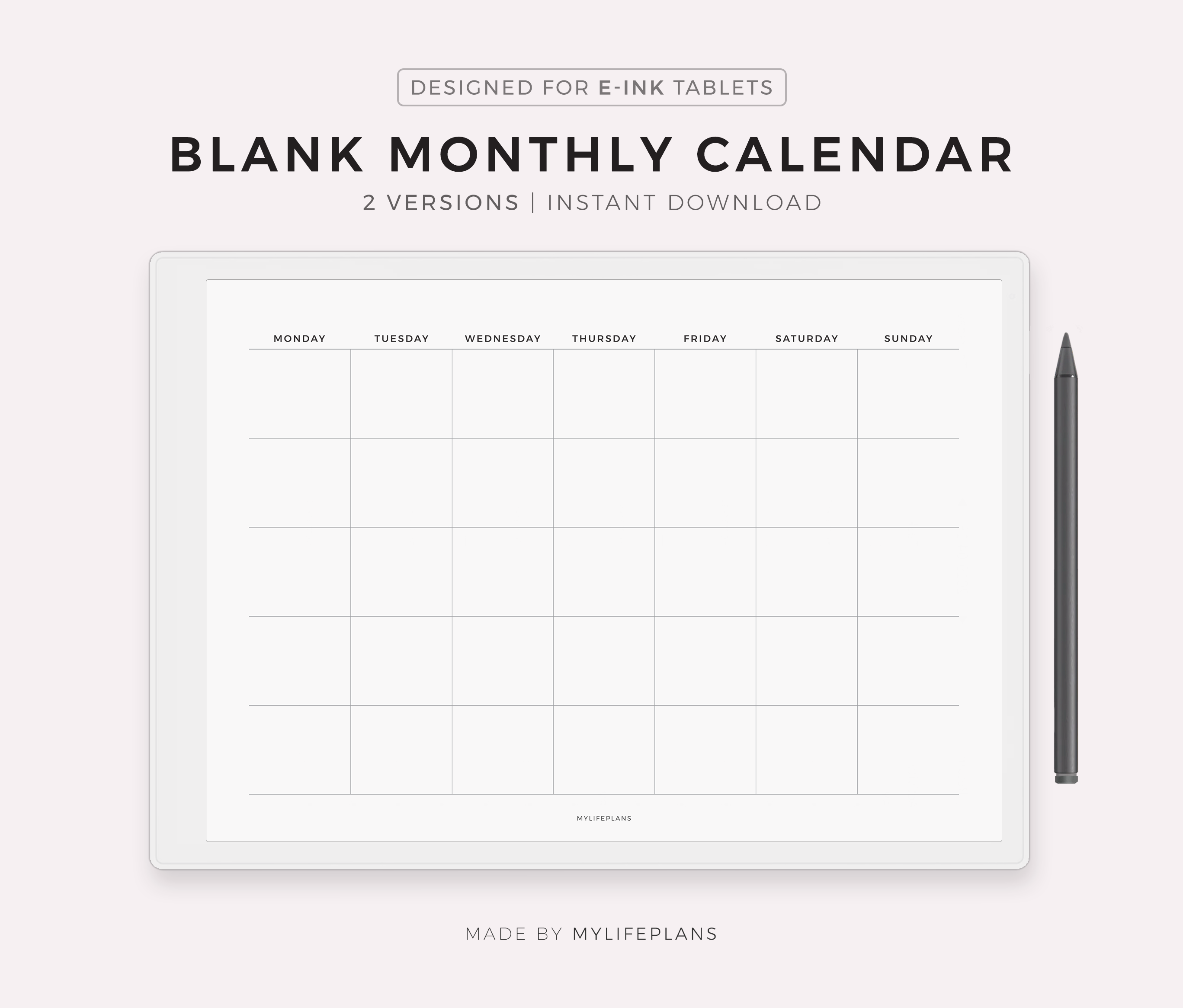 Blank Monthly Calendar, Landscape, Compatible with Remarkable ...