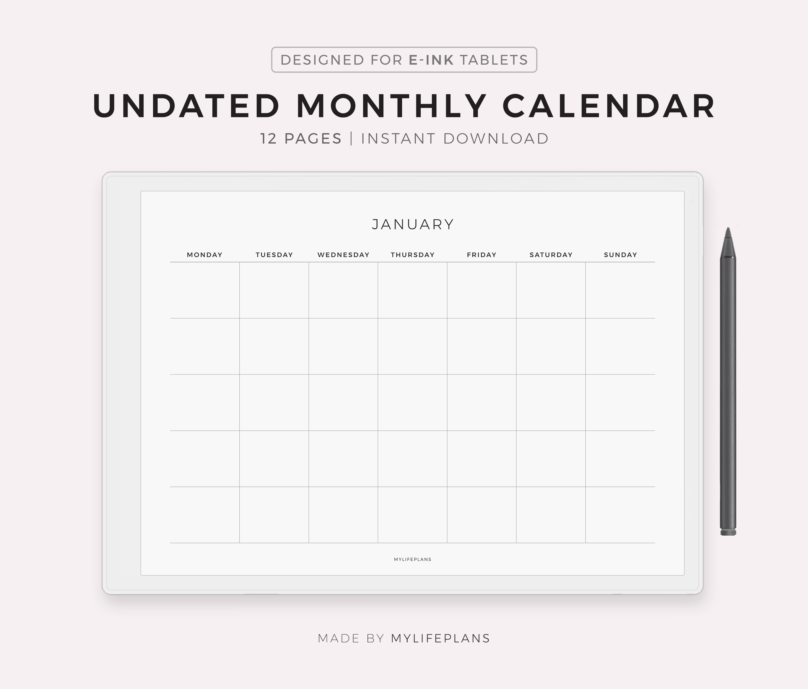 Undated Monthly Calendar, Landscape, Compatible with Remarkable ...