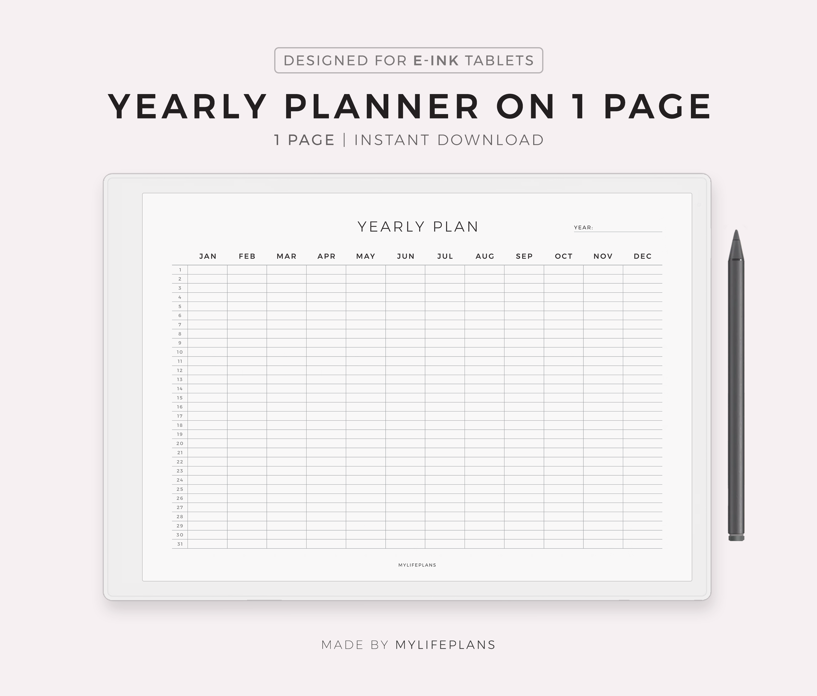 Yearly Planner, Landscape, Compatible with Remarkable, Supernote ...