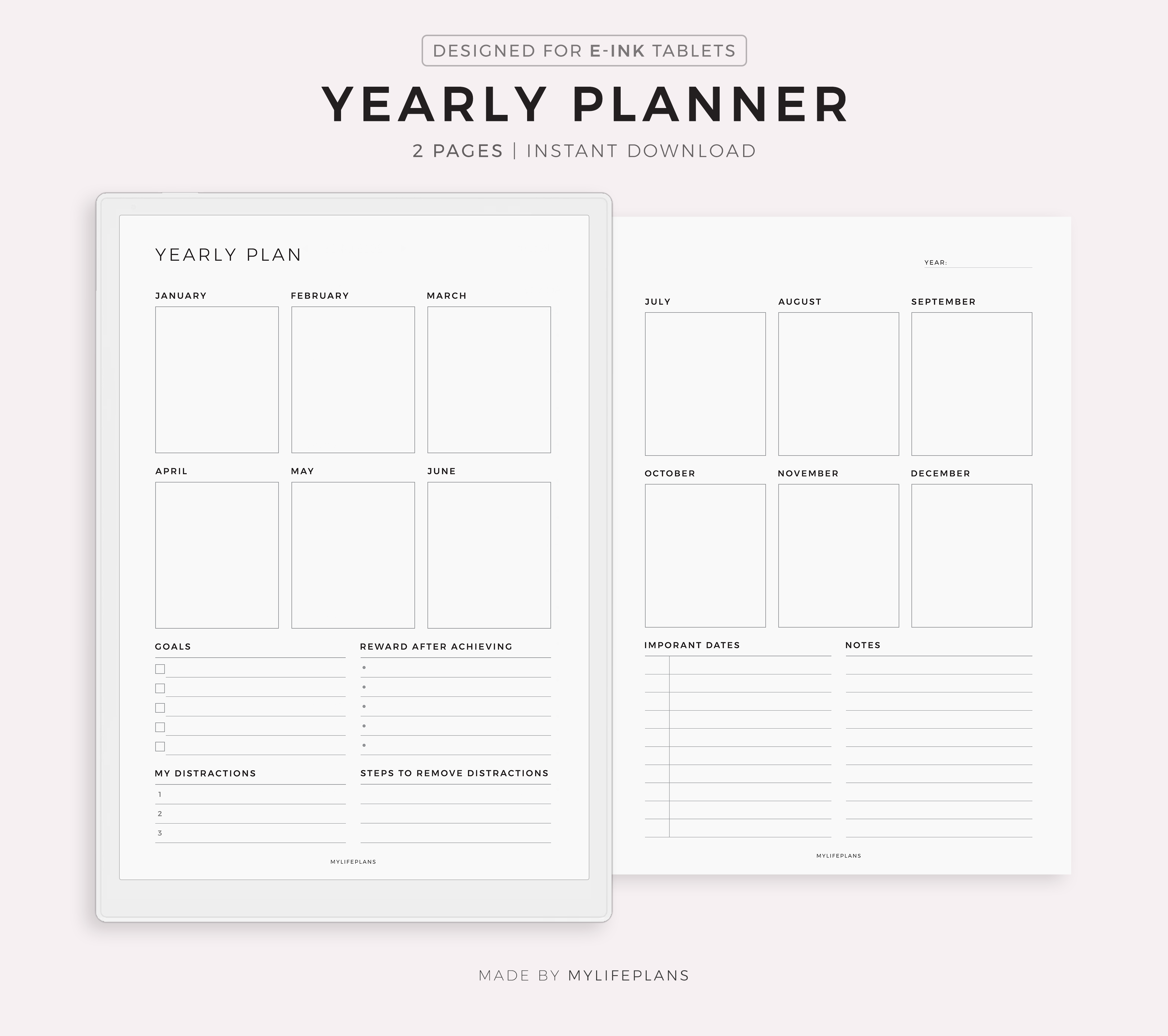2 Page Yearly Planner for Remarkable, Supernote, Kindle Scribe, Boox ...