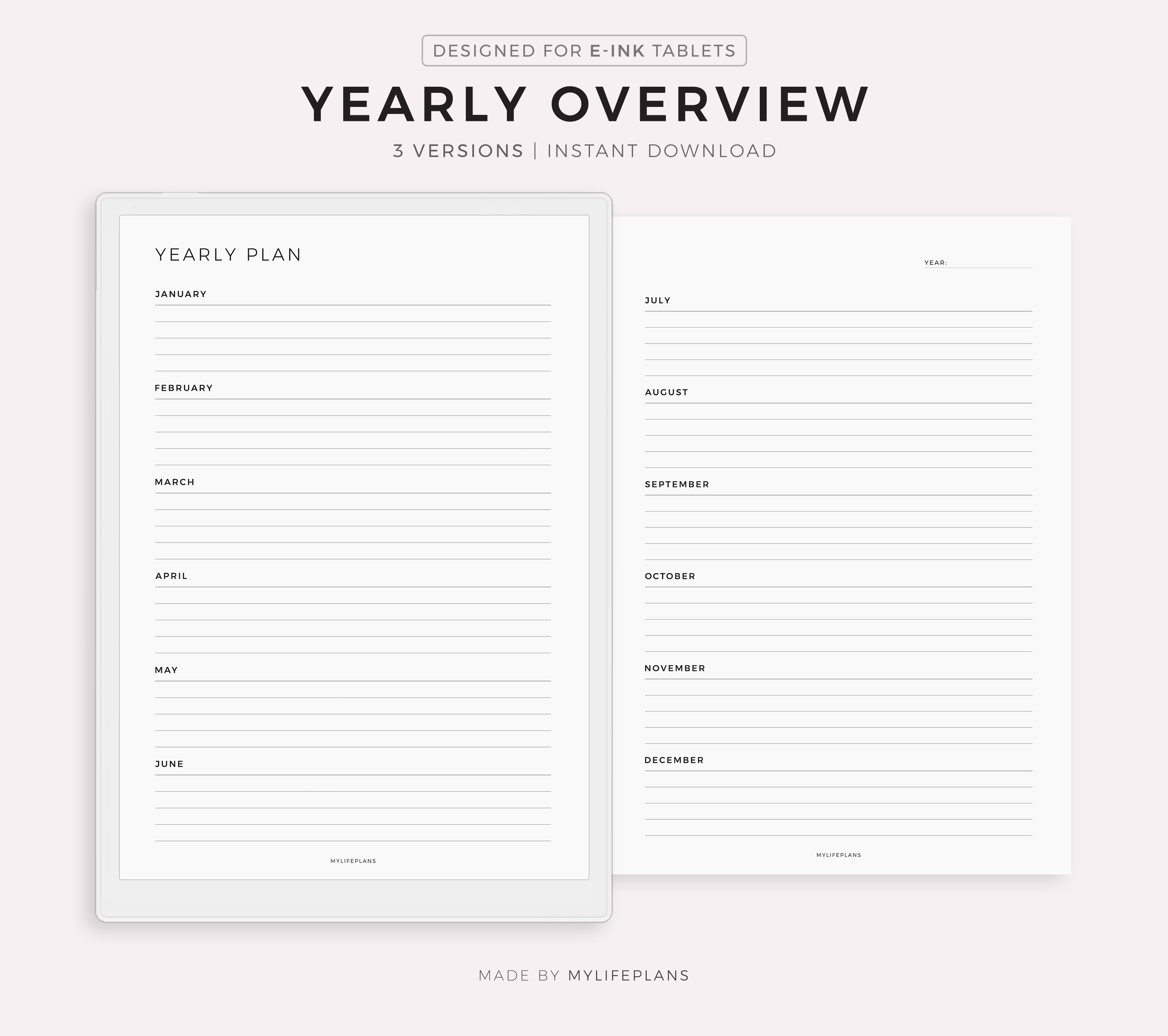 Yearly Overview, Two Page Yearly Planner for Remarkable, Supernote ...