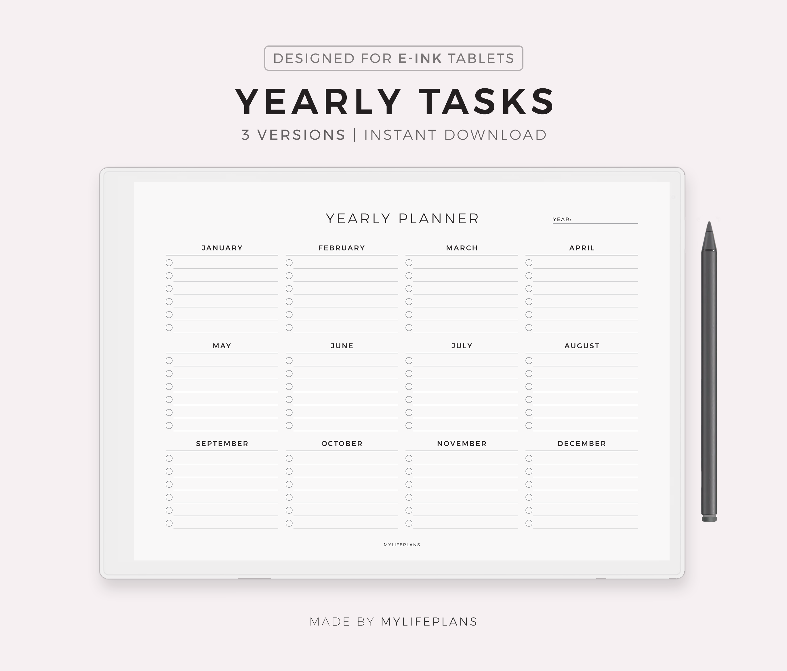 Yearly Tasks Planner, Landscape, Compatible with Remarkable, Supernote ...