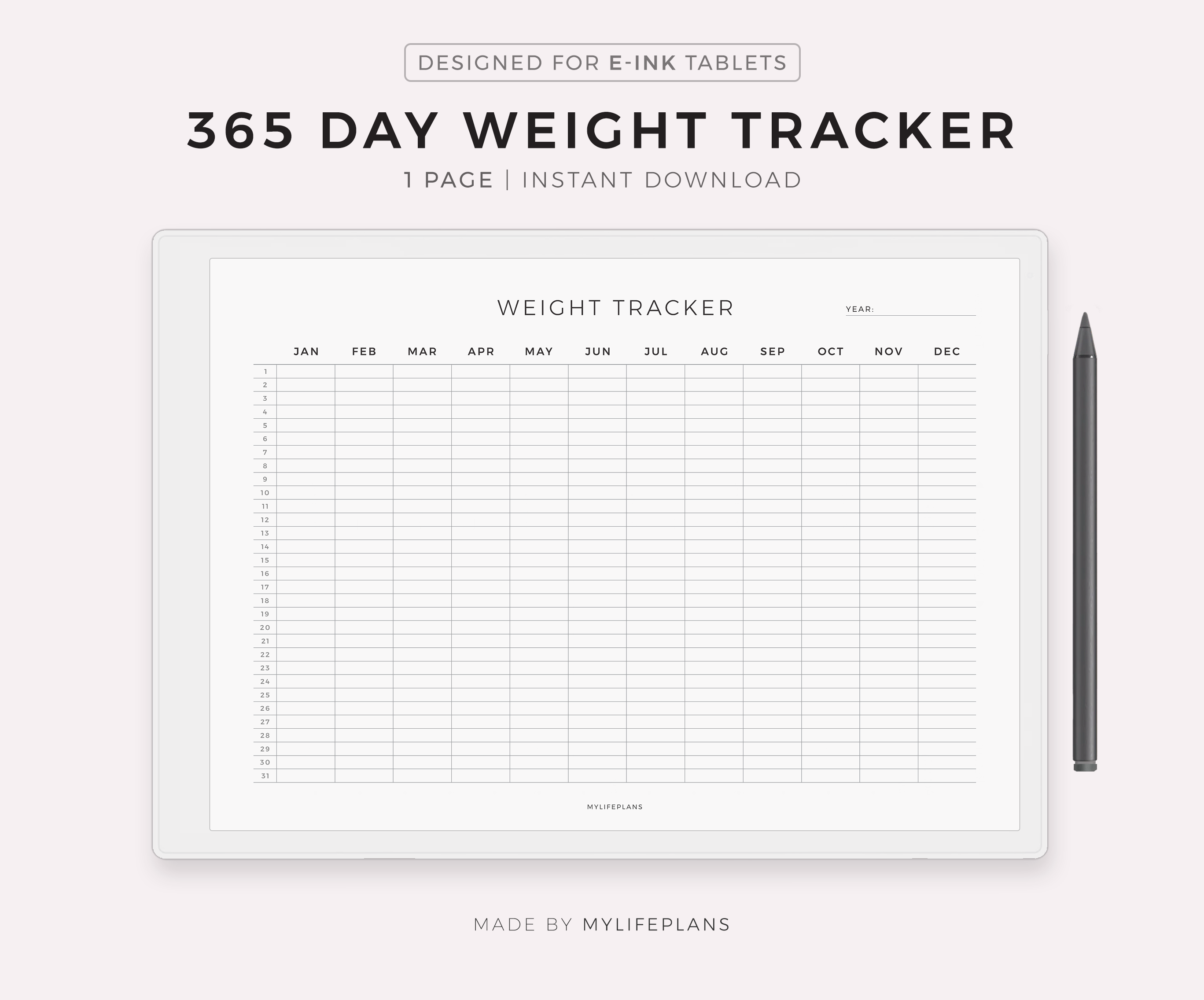 365 Day Weight Tracker, Landscape, Template for Remarkable, Supernote ...