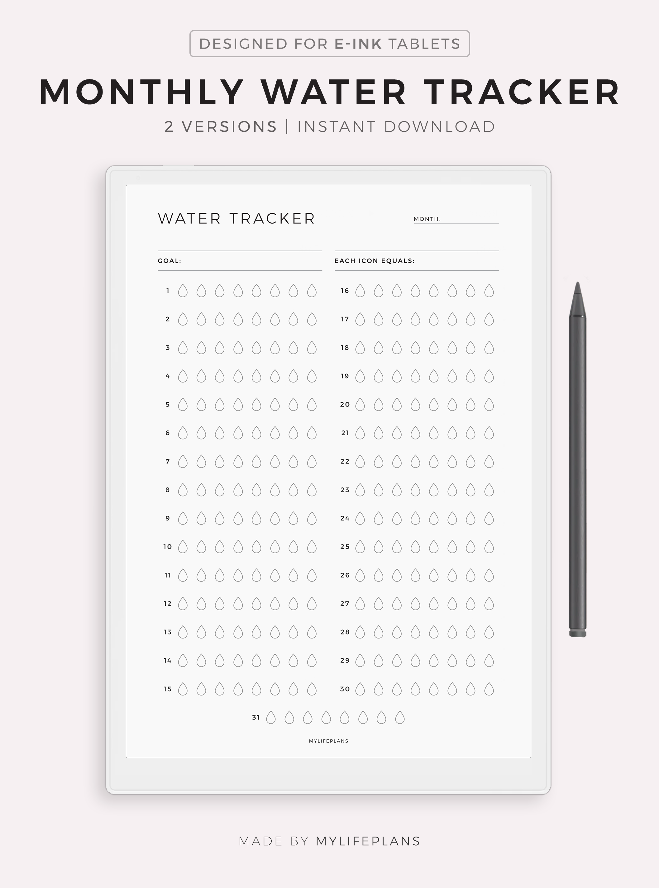 Monthly Water Tracker Template for Remarkable, Supernote, Kindle Scribe ...