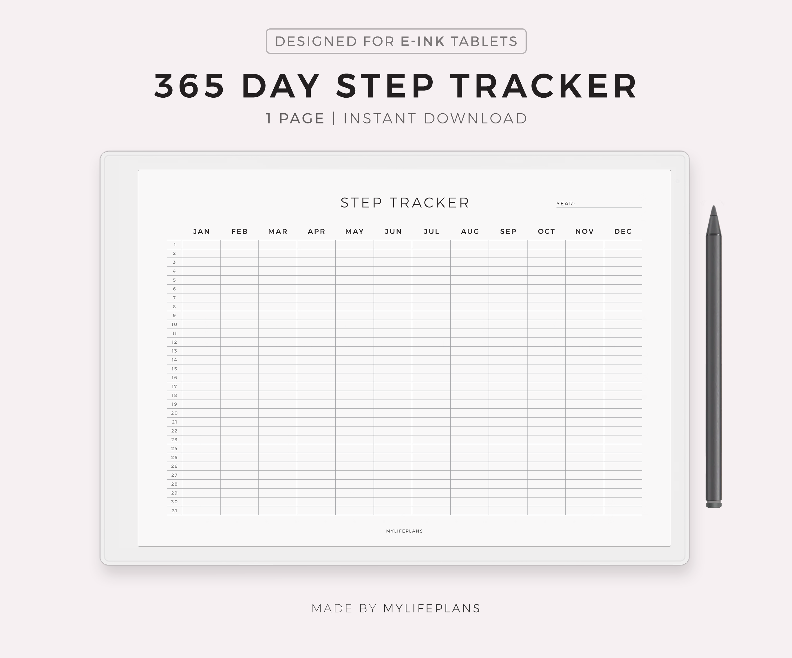 365 Day Step Tracker, Landscape, Template for Remarkable, Supernote ...