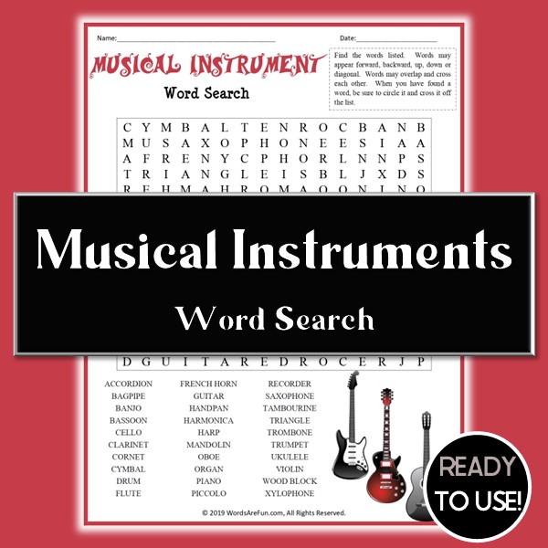Musical Instrument Word Search Puzzle | Music Activity Worksheet PDF