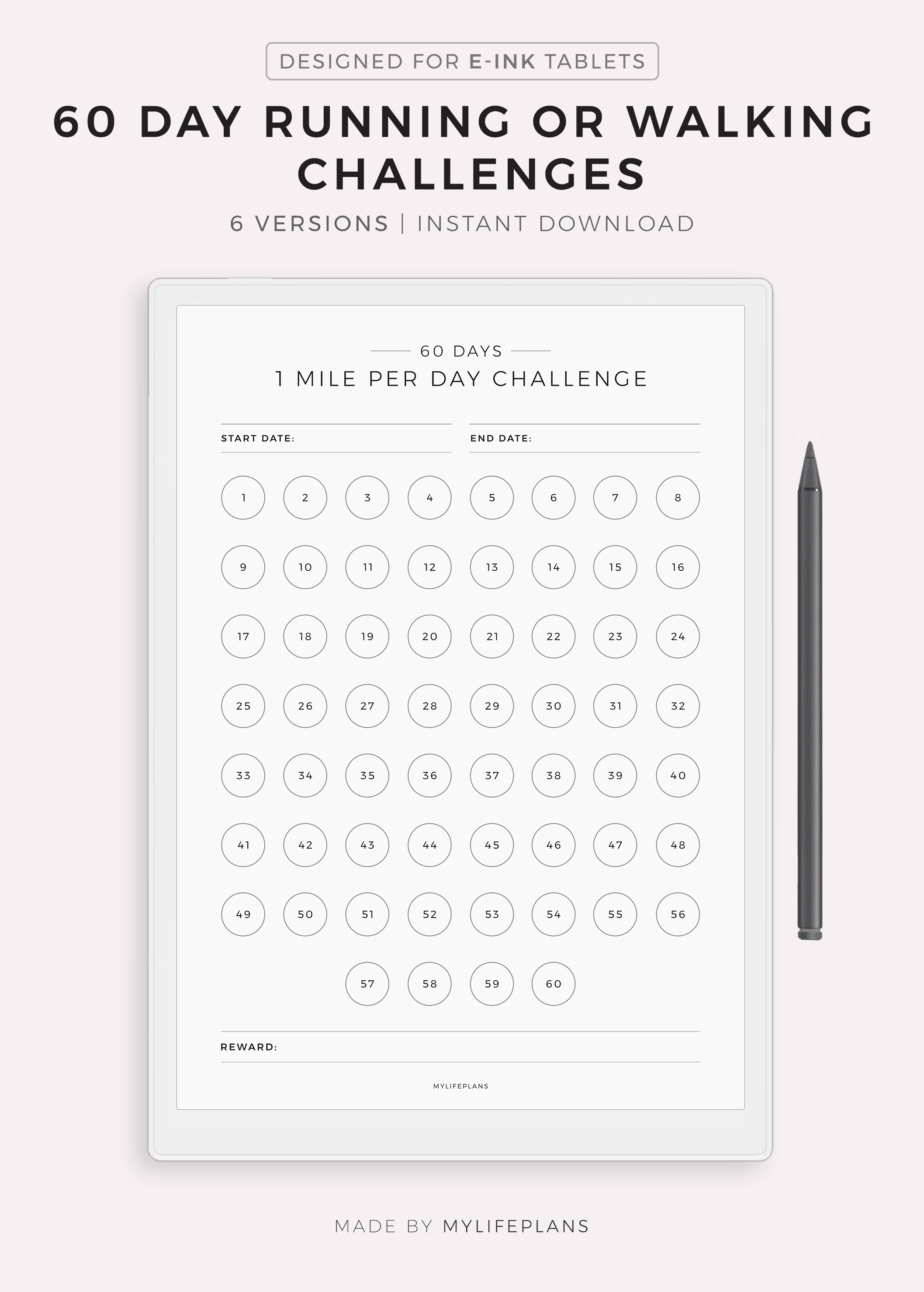 60 Day Running or Walking Challenge Templates for Remarkable, Supernote ...