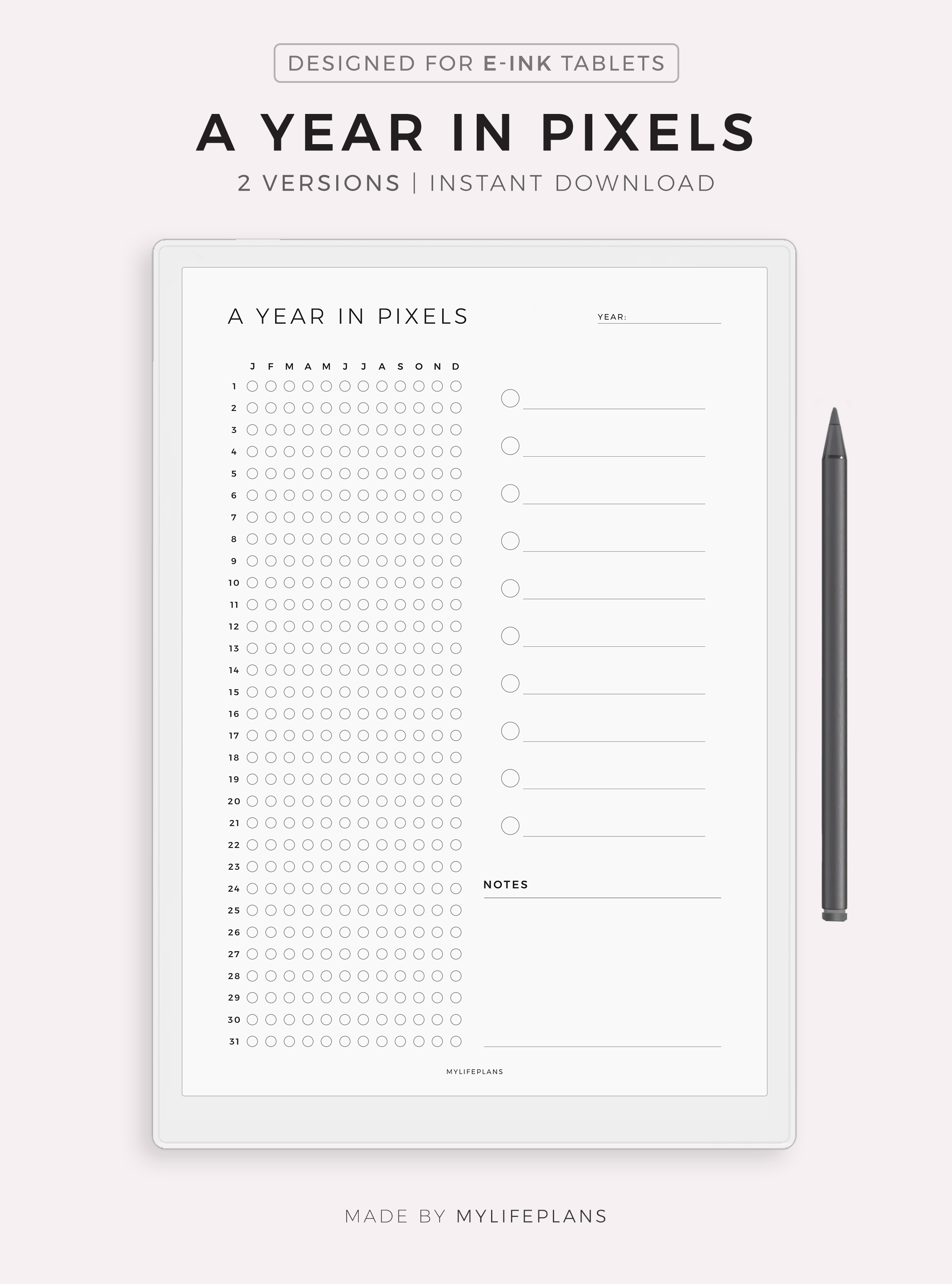 A Year In Pixels Template for Remarkable, Supernote, Kindle Scribe ...