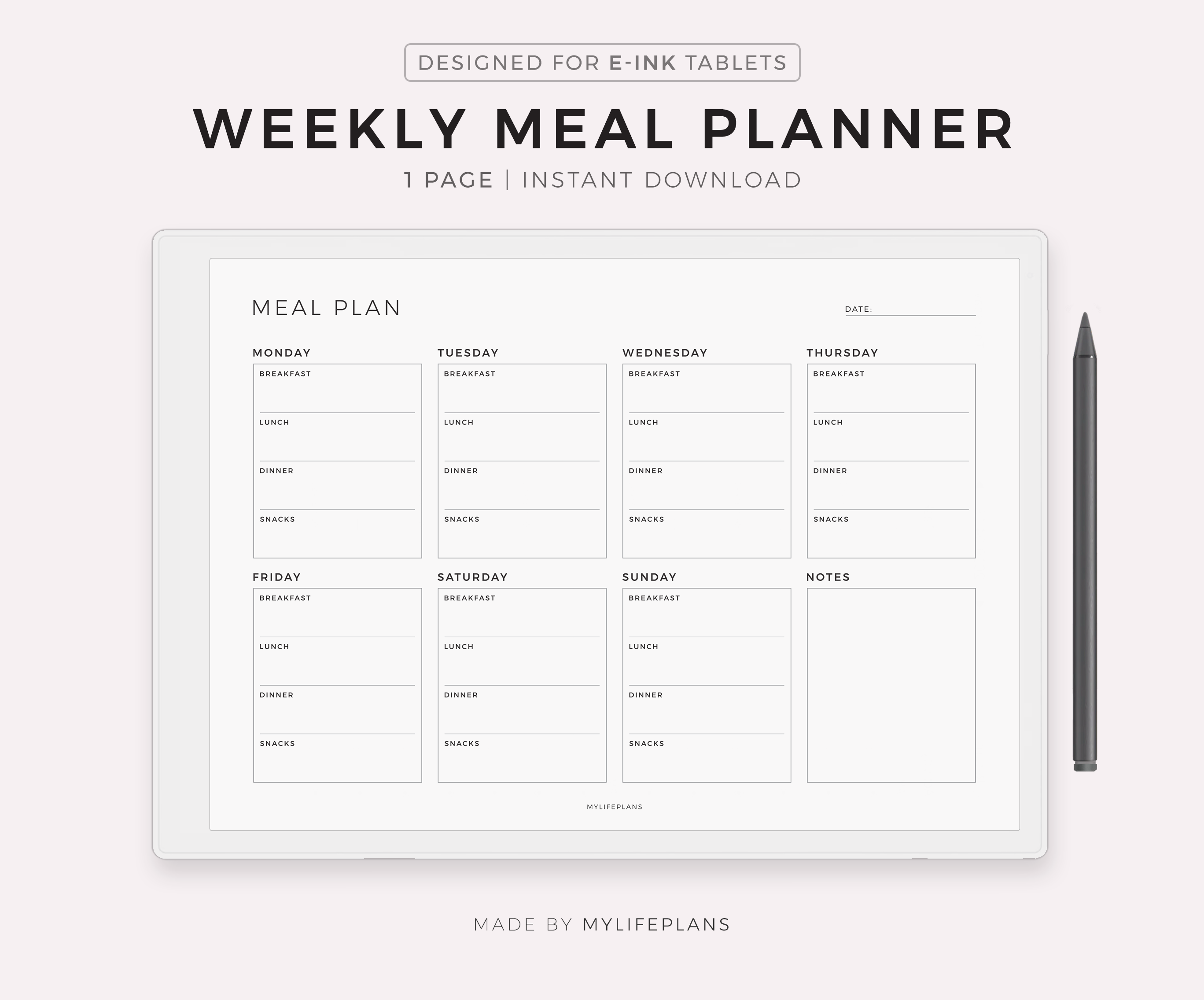 Weekly Meal Planner, Landscape, Compatible with Remarkable, Supernote ...