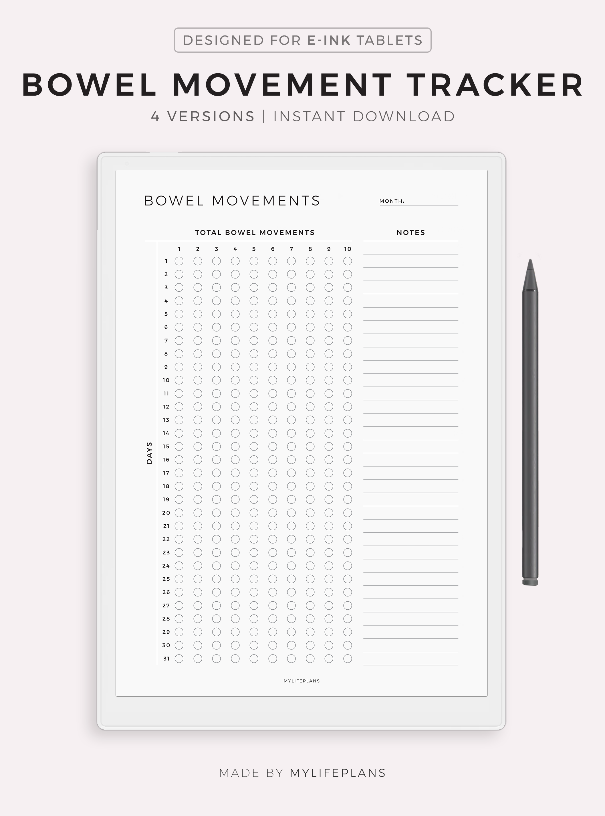 Bowel Movement Tracker Template for Remarkable, Supernote, Kindle ...
