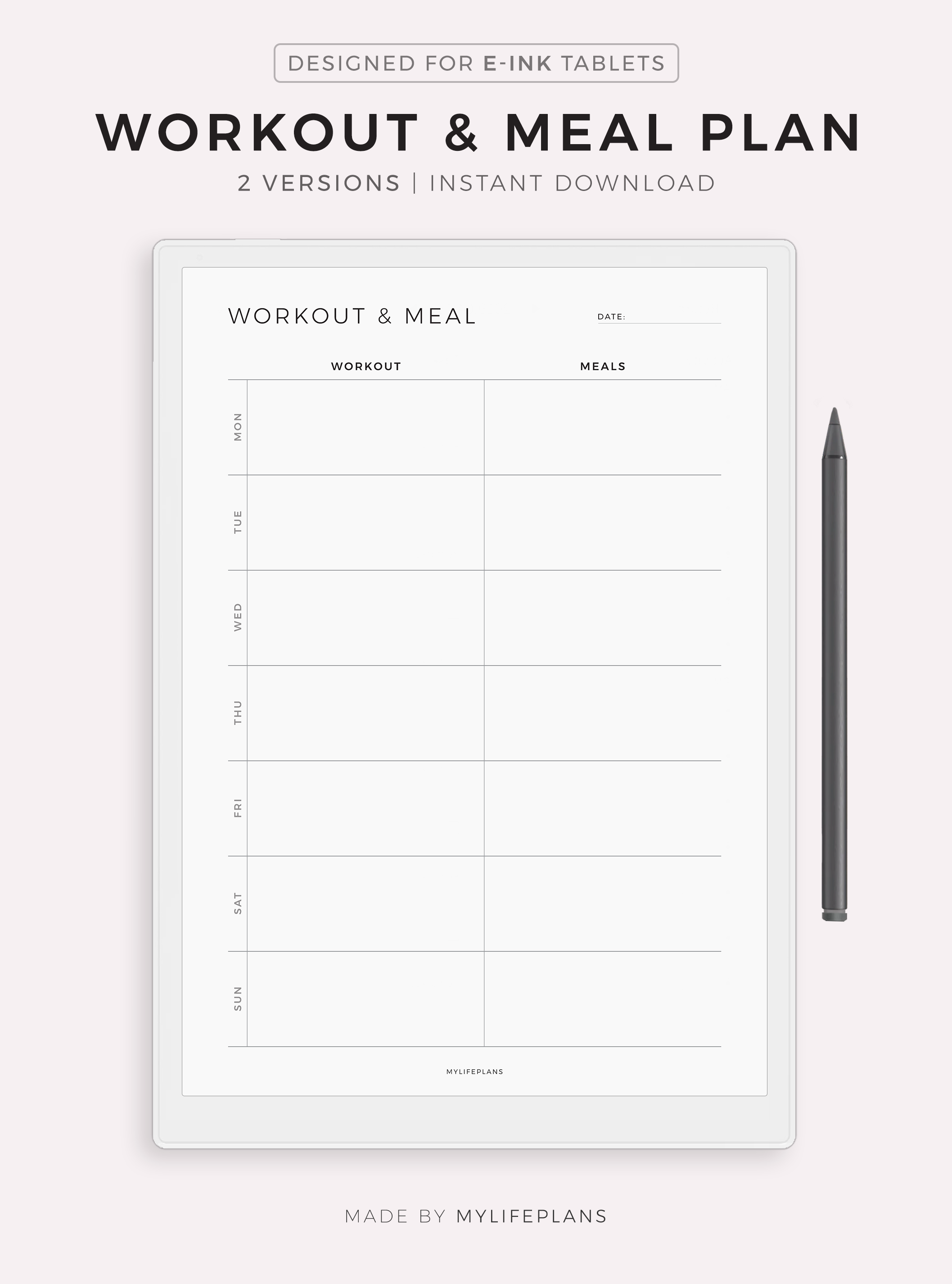 Weekly Workout & Meal Planner for Remarkable, Supernote, Kindle Scribe ...