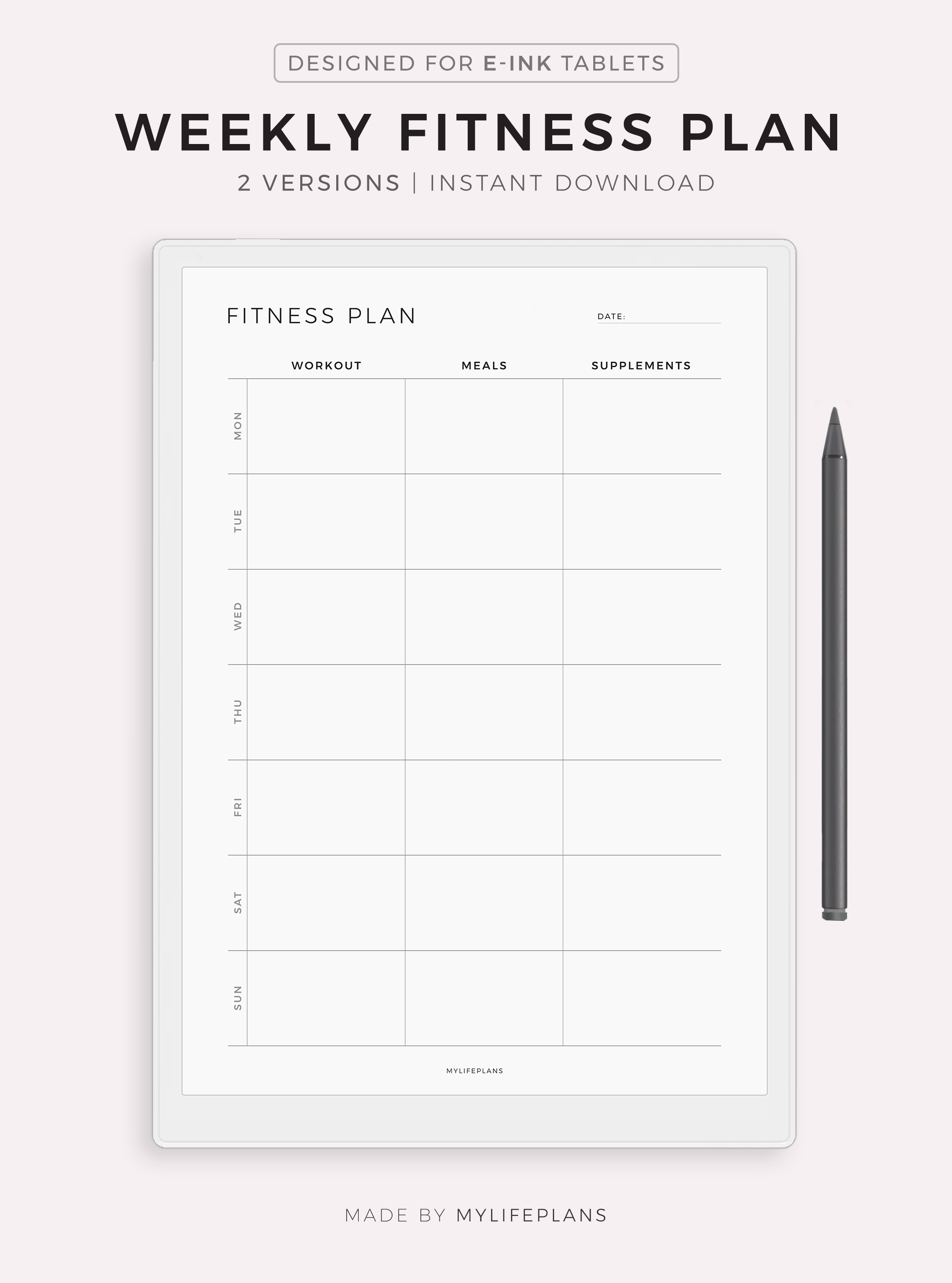 Weekly Fitness Planner for Remarkable, Supernote, Kindle Scribe, Boox ...