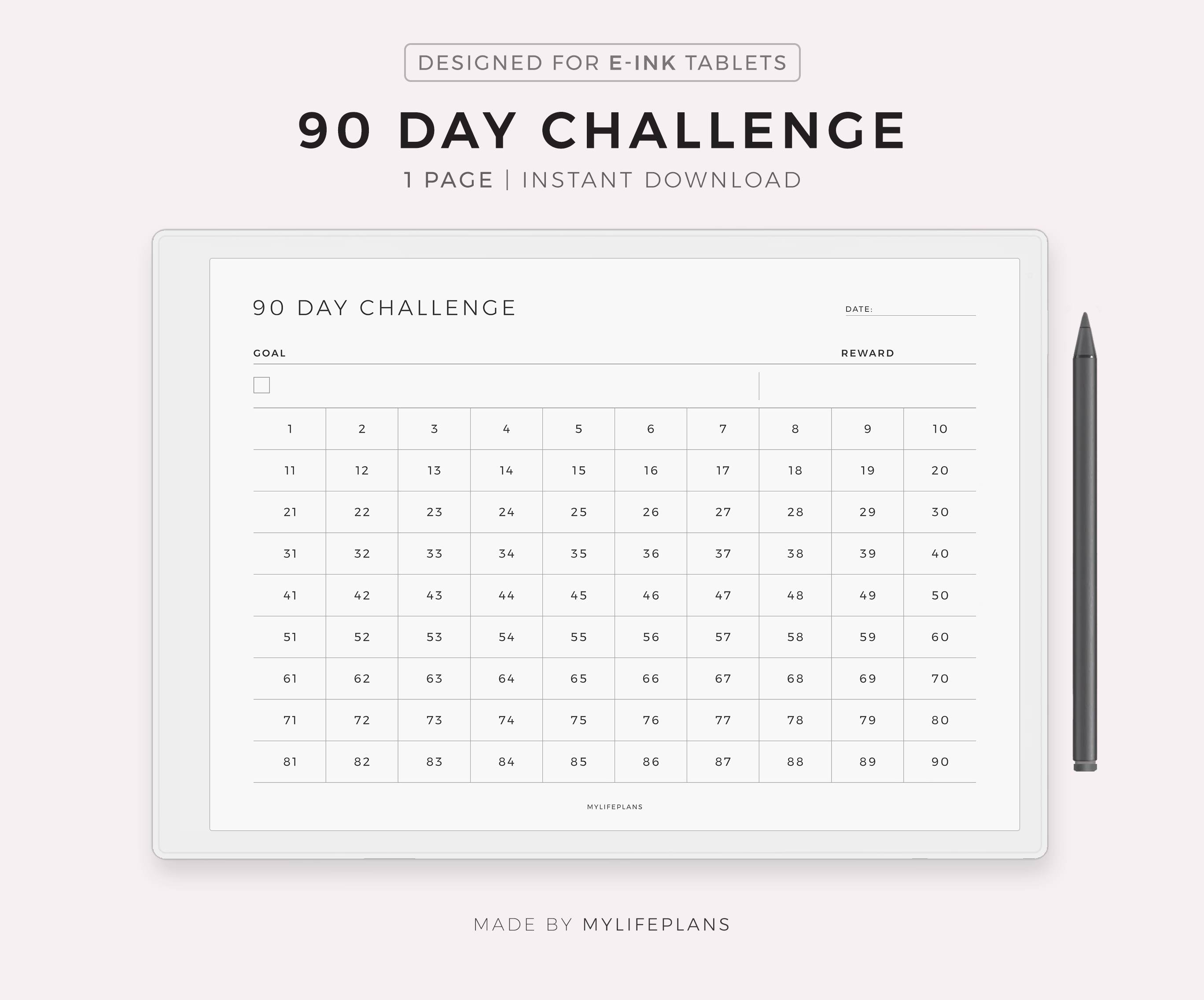 90 Day Challenge Planner, Landscape, Compatible with Remarkable ...