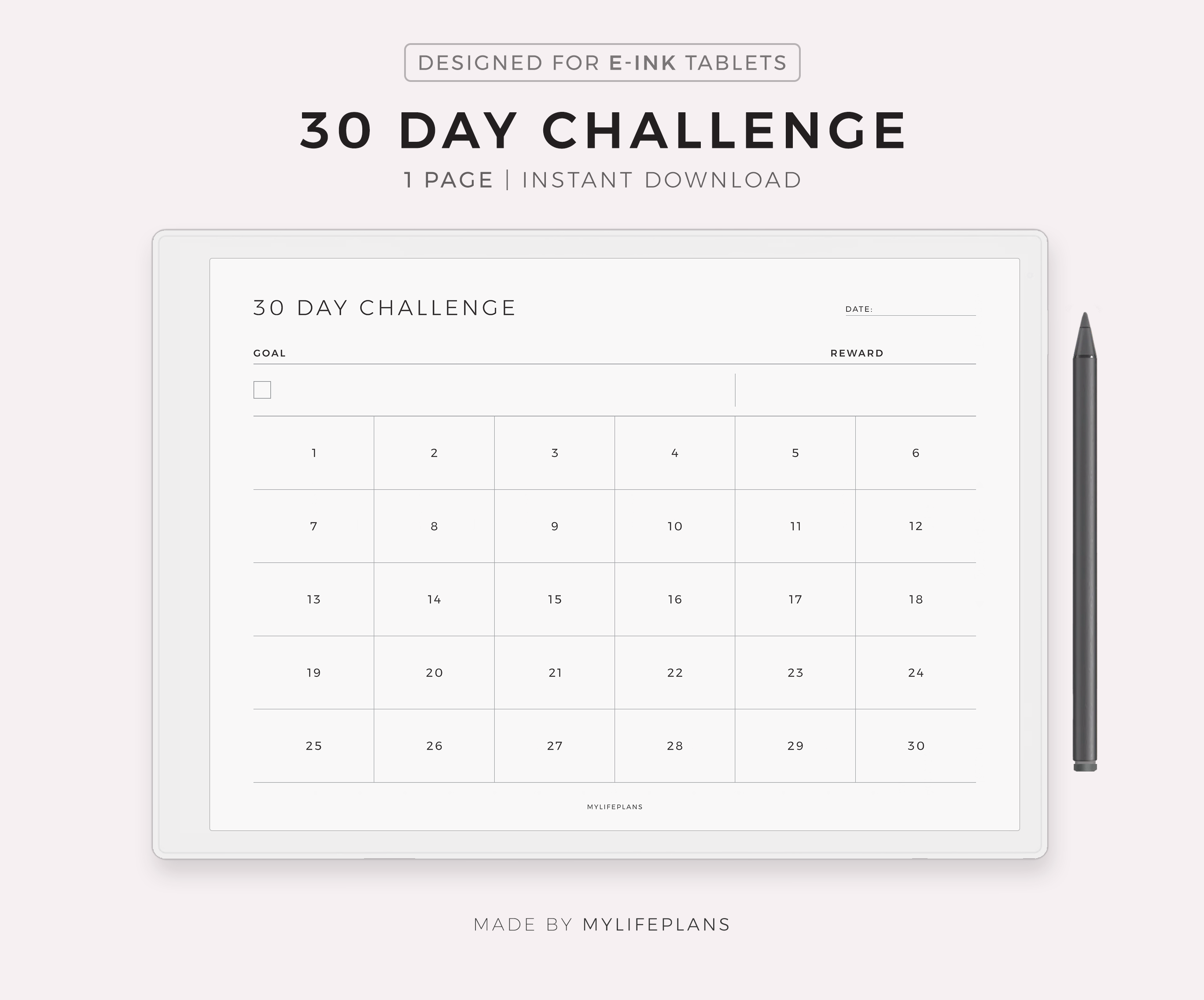 30 Day Challenge Planner, Landscape, Compatible with Remarkable ...