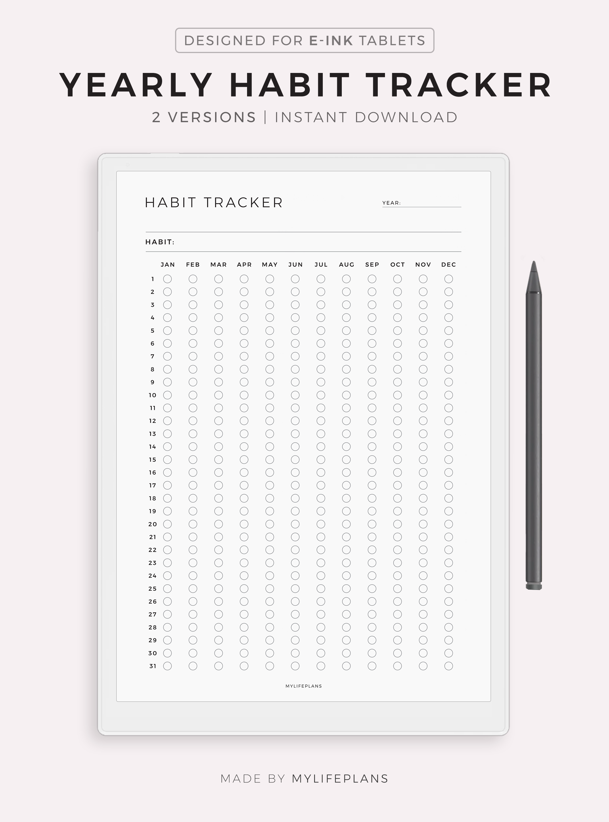Yearly Habit Tracker Template for Remarkable, Supernote, Kindle Scribe ...
