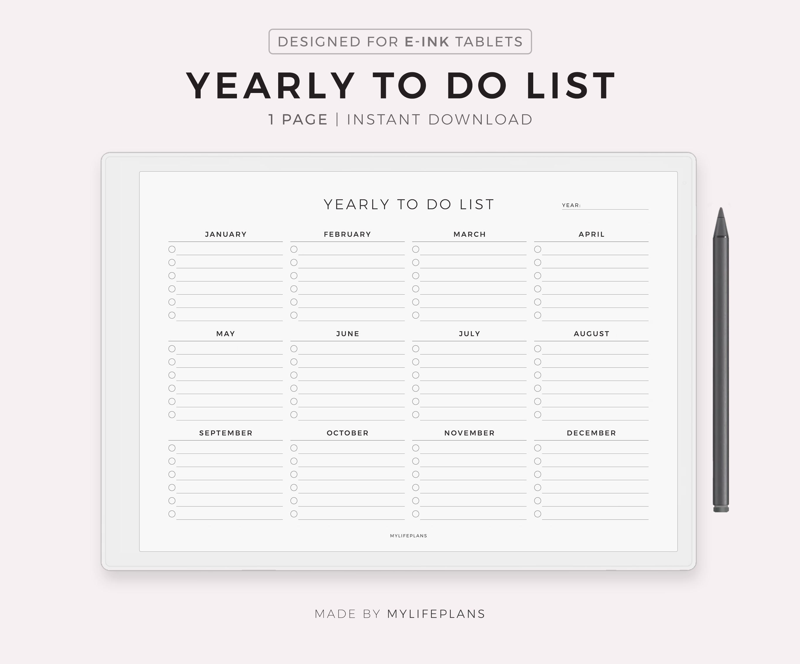 Yearly To Do List Template, Landscape, Compatible with Remarkable ...
