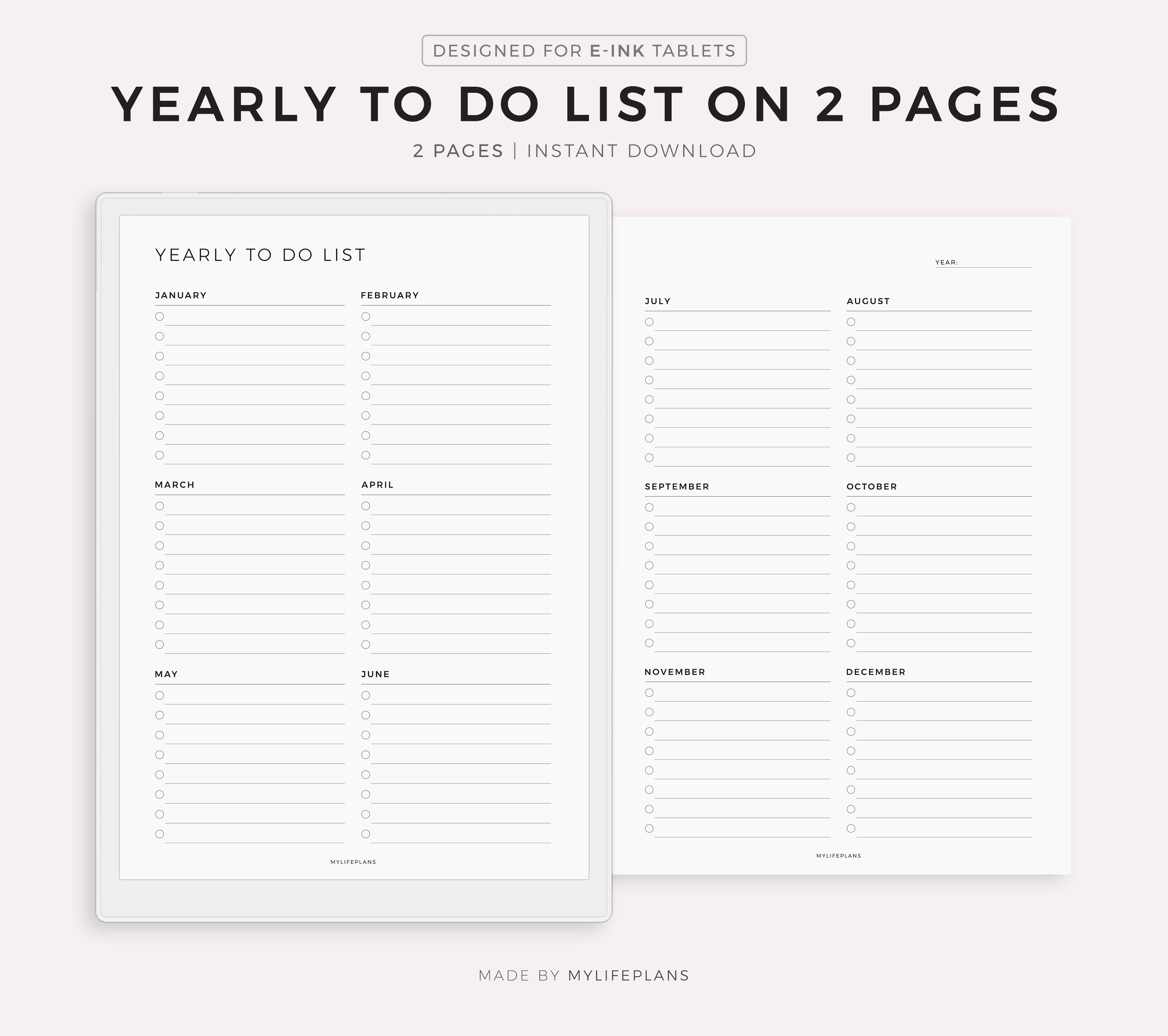Yearly To Do List on Two Pages for Remarkable, Supernote, Kindle Scribe ...