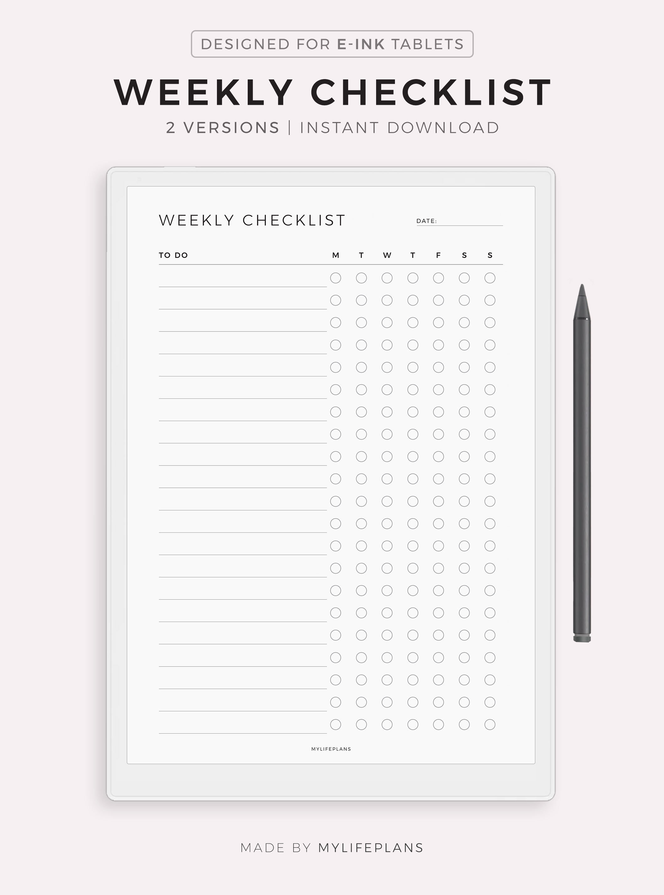 Weekly Checklist Template for Remarkable, Supernote, Kindle Scribe ...