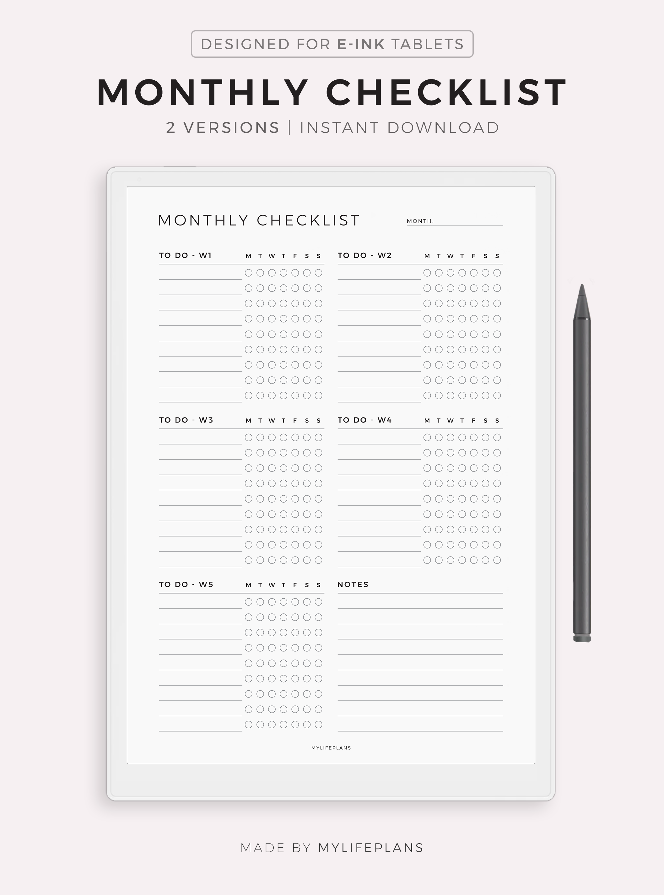 Monthly Checklist Template for Remarkable, Supernote, Kindle Scribe ...