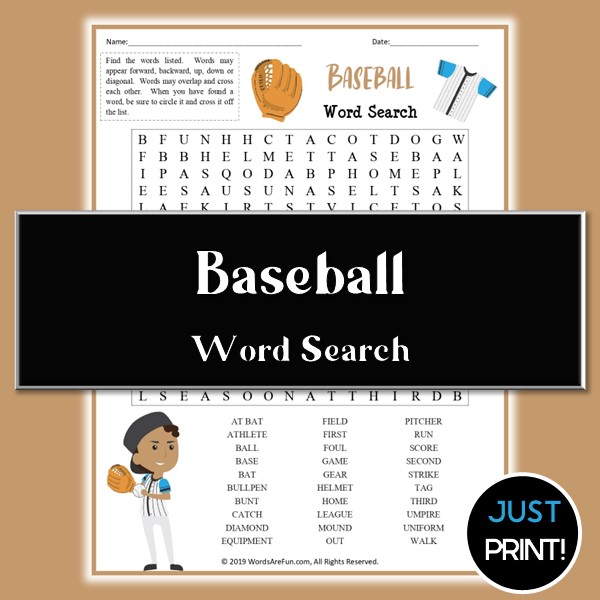 Baseball Word Search Puzzle | Printable Sports Activity Worksheet for Kids
