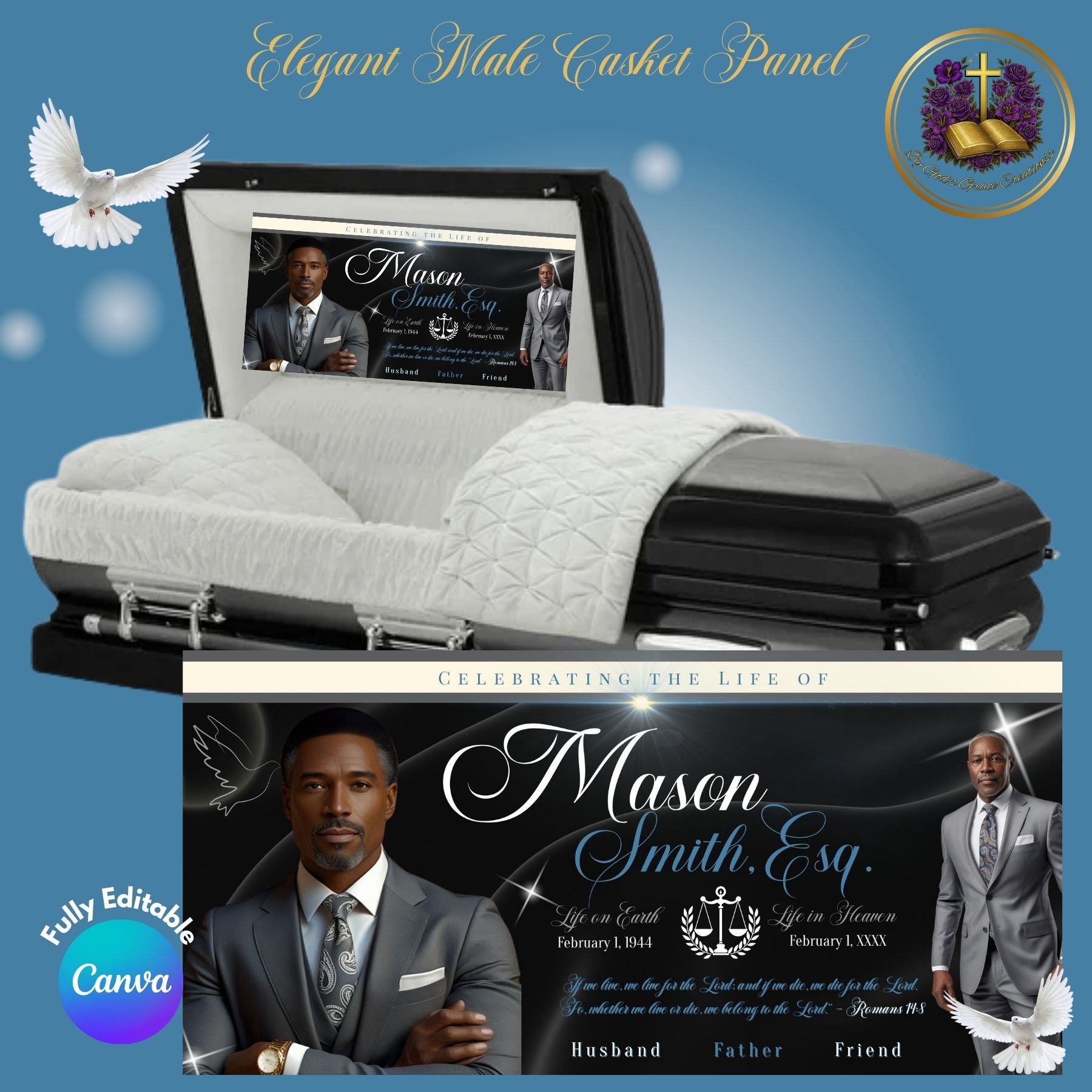 Elegant Male Casket Panel – Funeral & Memorial Canva Template - Payhip
