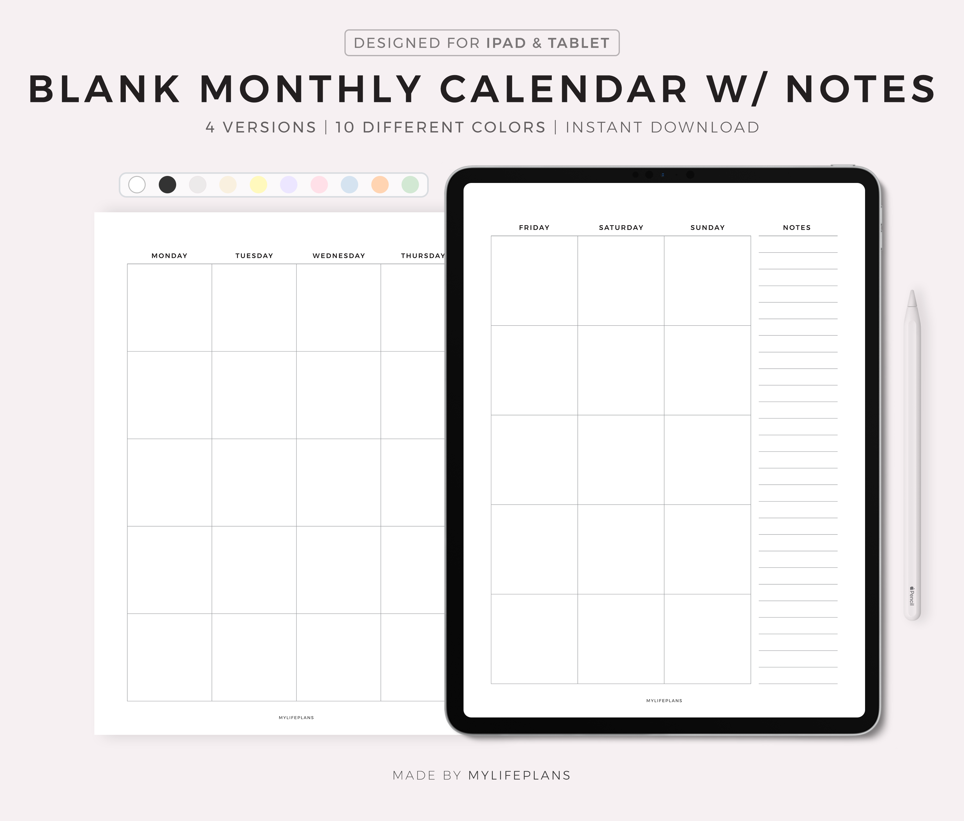 Blank Monthly Calendar with Notes, Digital Template for Goodnotes ...