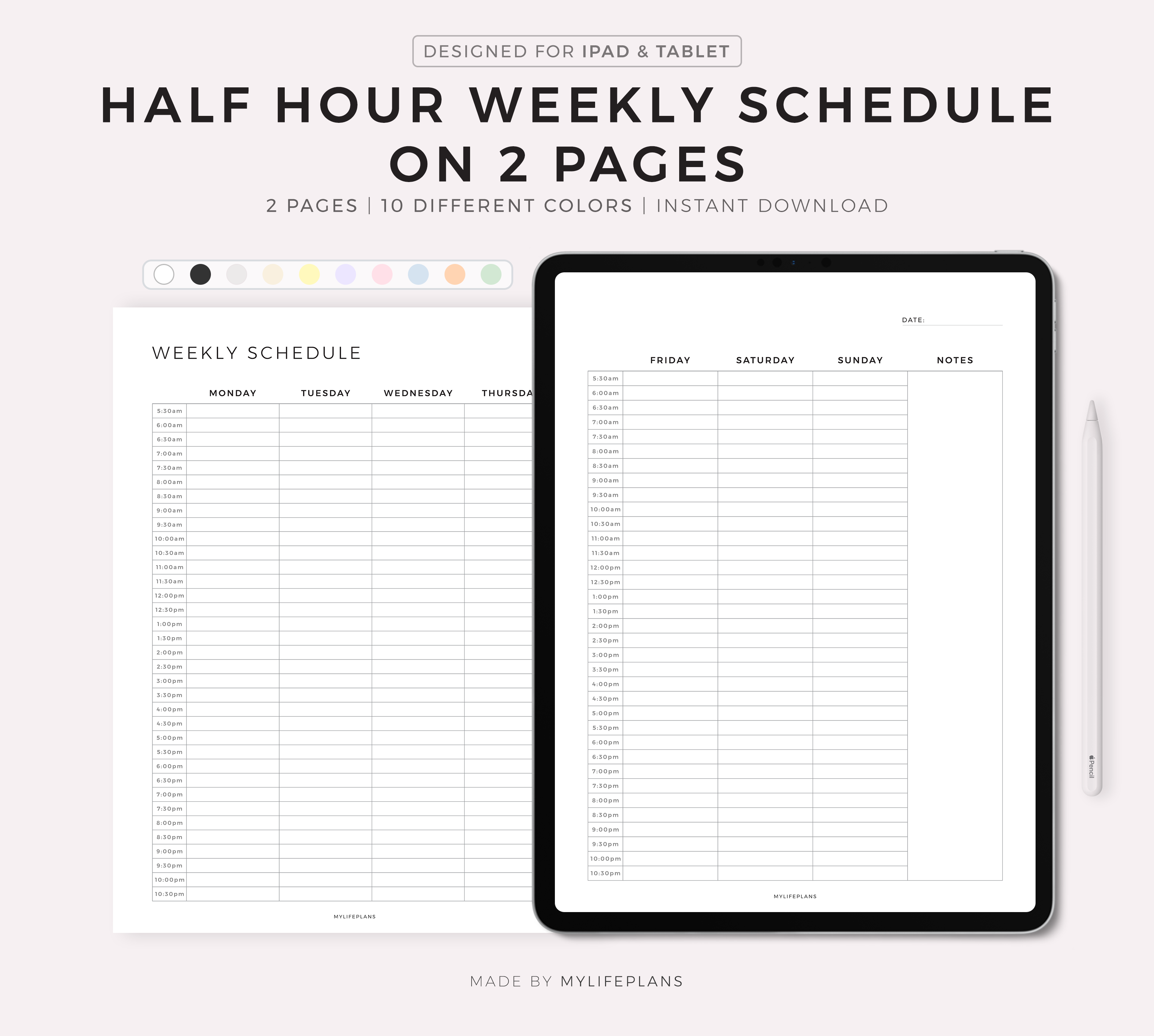 Half Hour Weekly Schedule on Two Pages, Digital Planner for Goodnotes ...