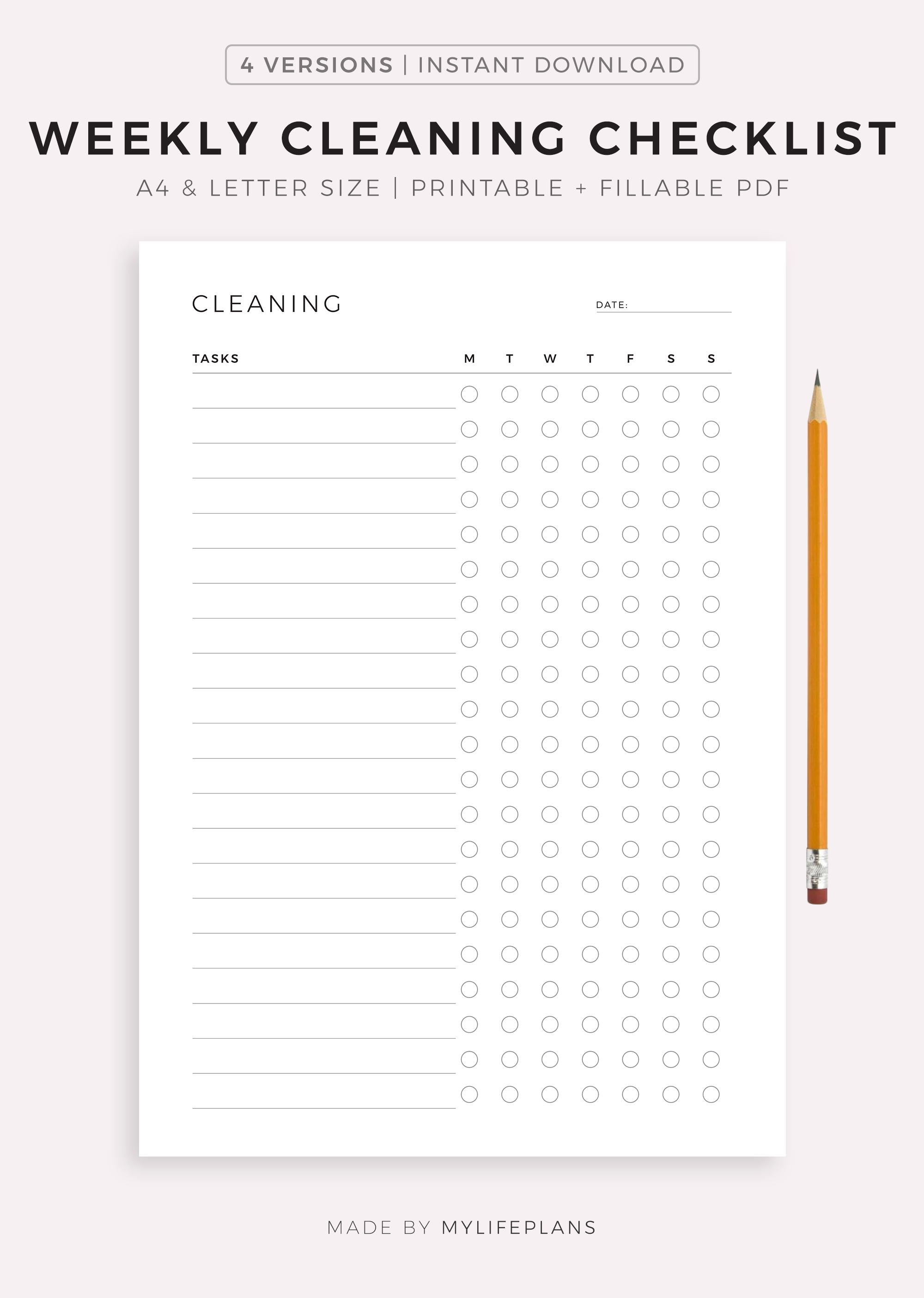 Weekly Cleaning Checklist, Printable & Fillable PDF, A4/Letter Size ...