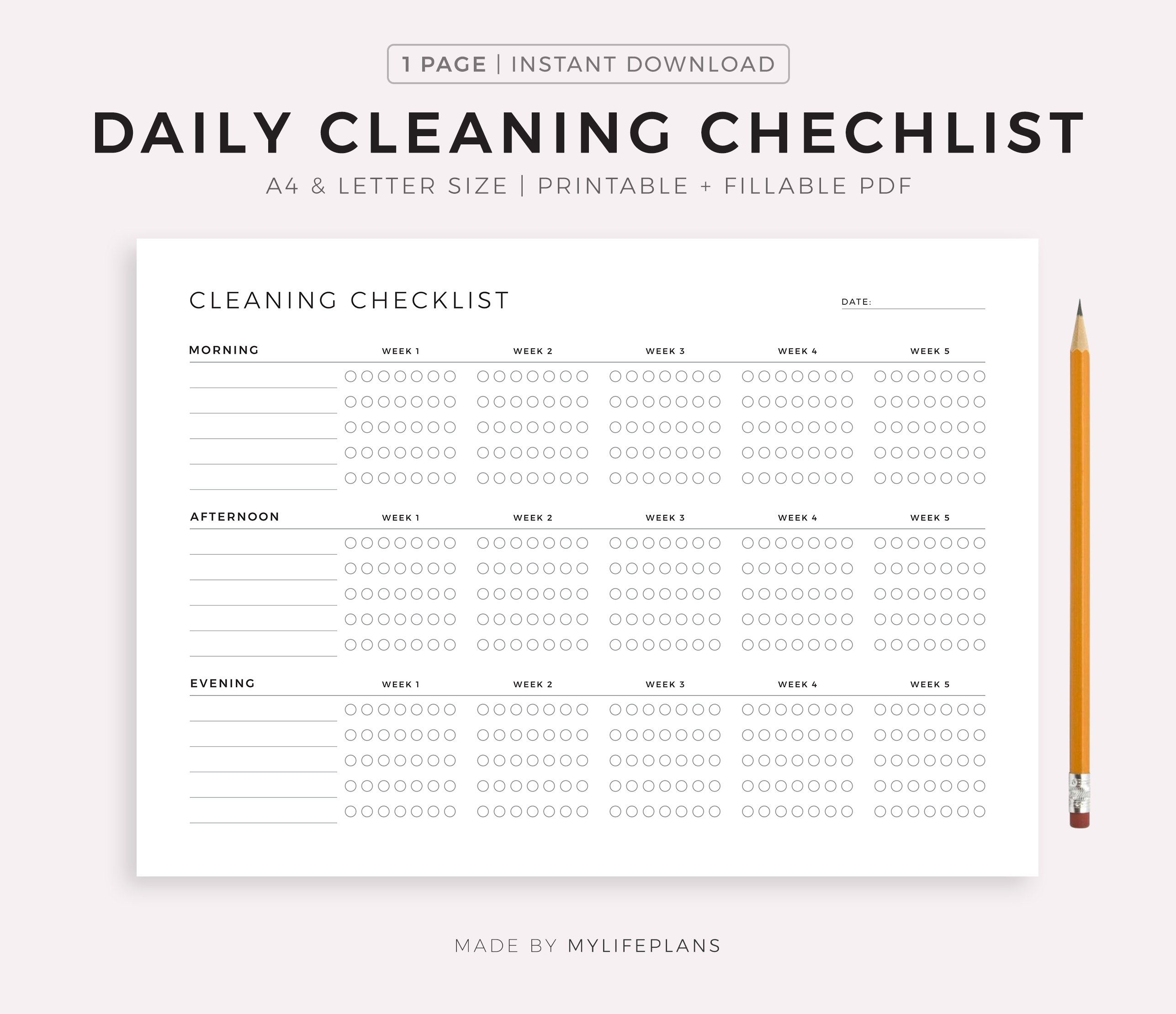 Daily Cleaning Checklist, Printable & Fillable, A4/Letter Size - Payhip