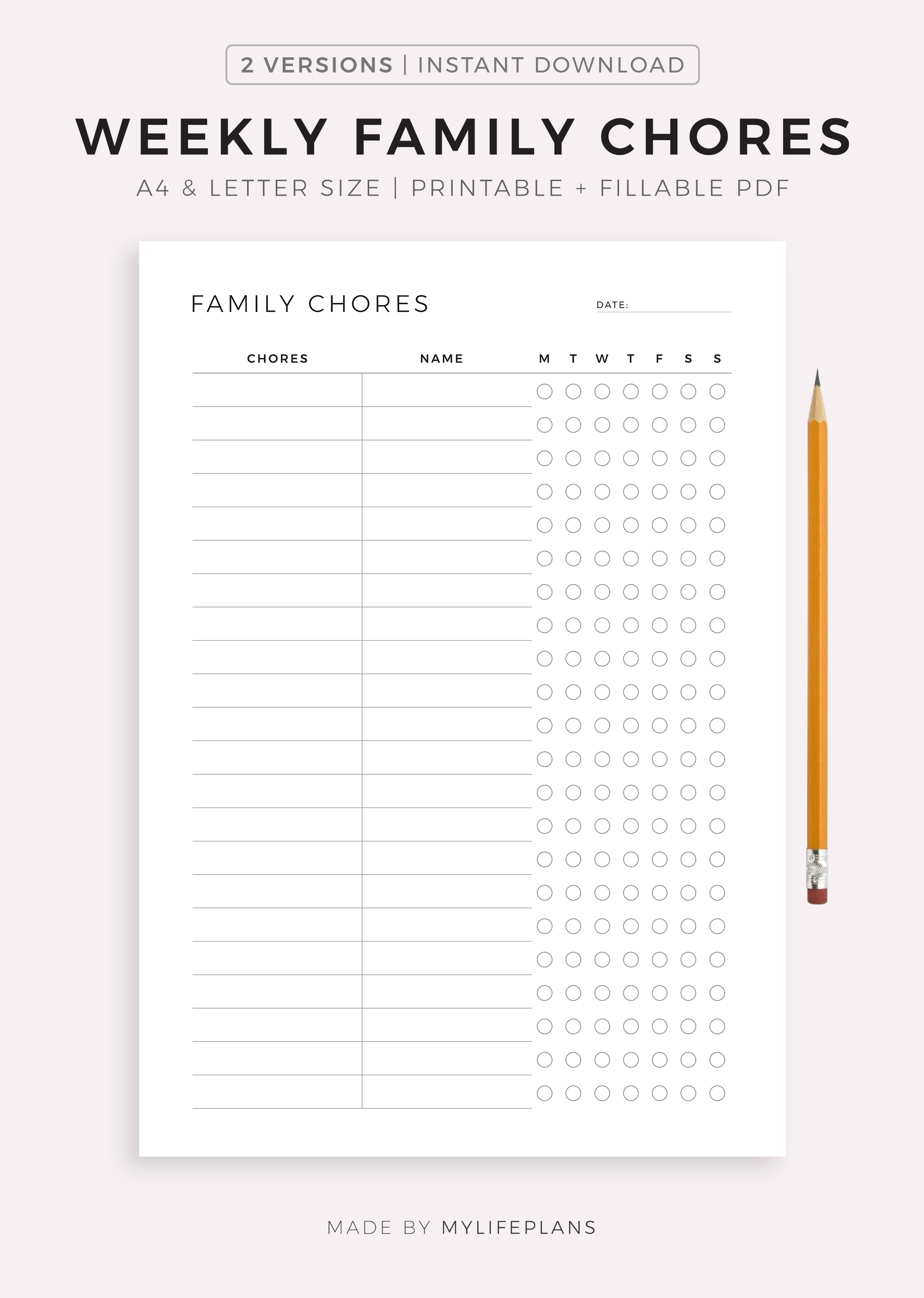 Simple Weekly Family Chores Planner, Printable & Fillable, A4/Letter ...