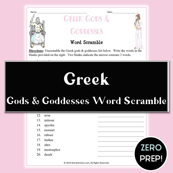 Greek Gods & Goddesses Word Scramble PDF | Ancient Greece Puzzle Worksheet