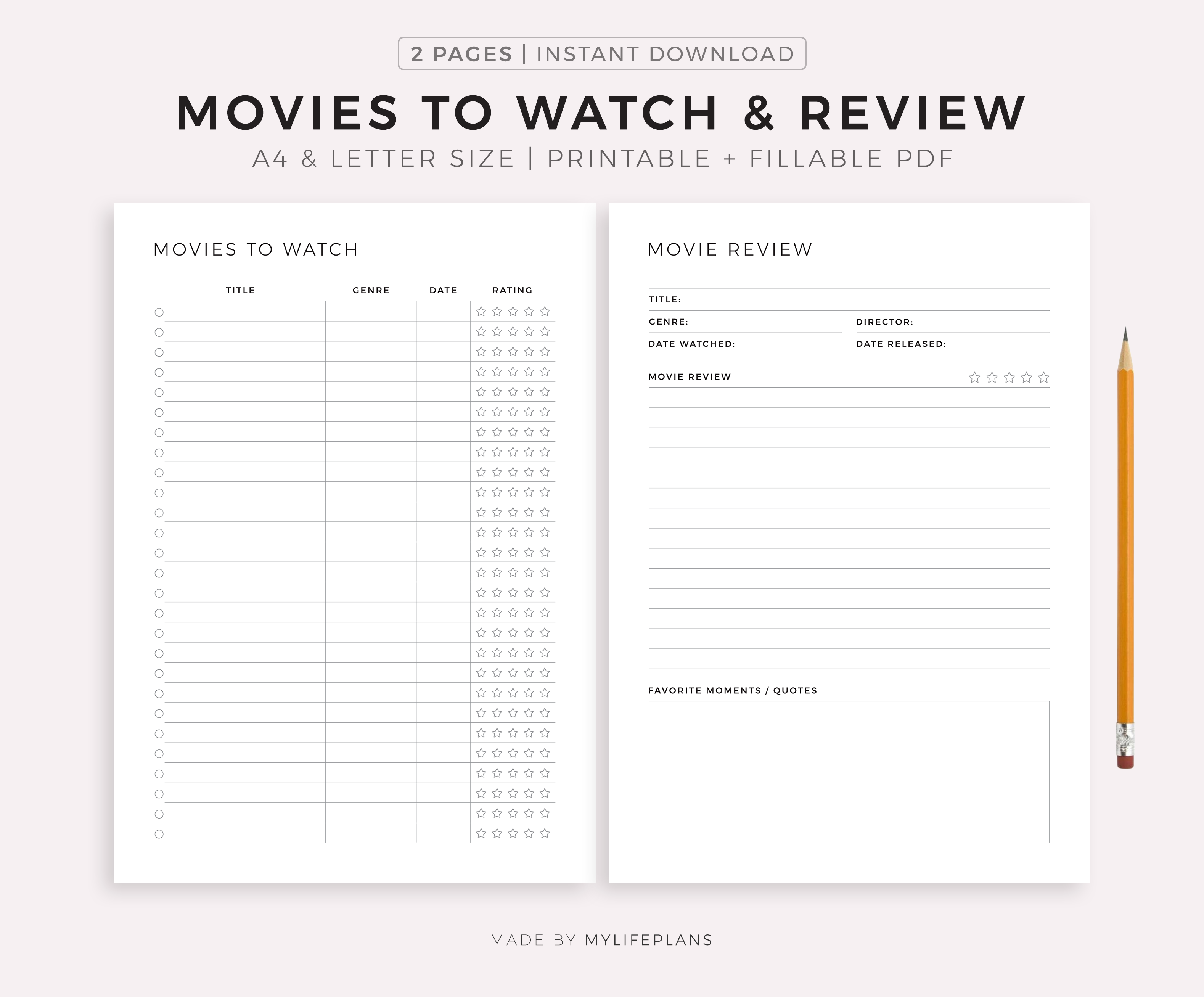 Movies to Watch & Review Page Printable & Fillable PDF, A4/Letter Size ...