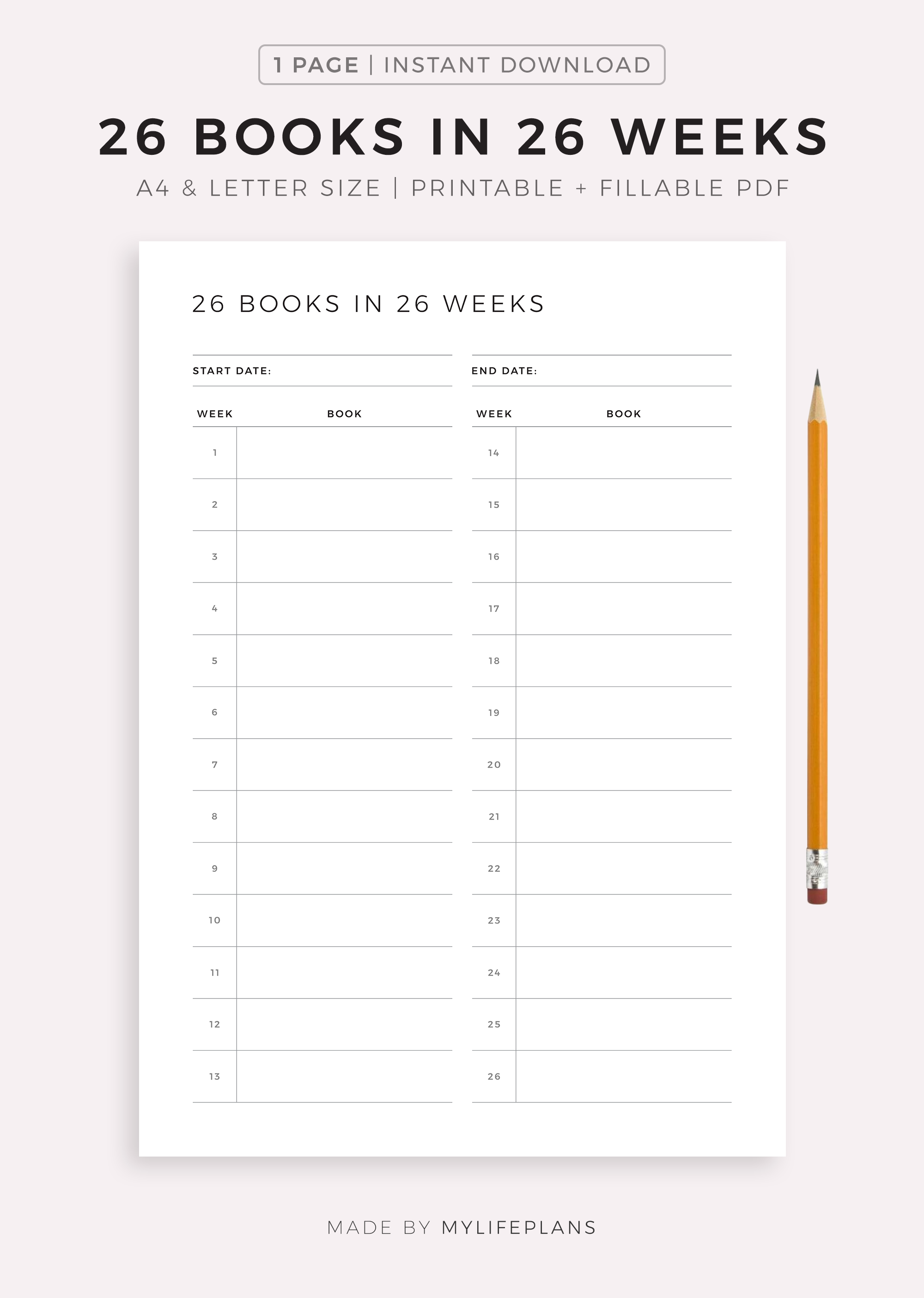 Read 26 Books in 26 Weeks Challenge, Printable & Fillable Template, A4 ...