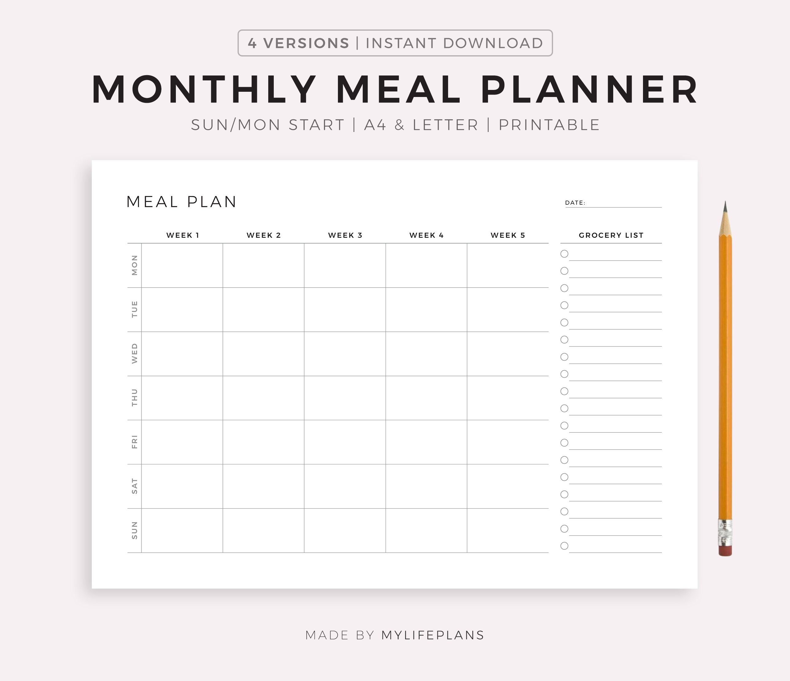 Monthly Meal Planner, Printable & Fillable PDF, A4/Letter Size - Payhip