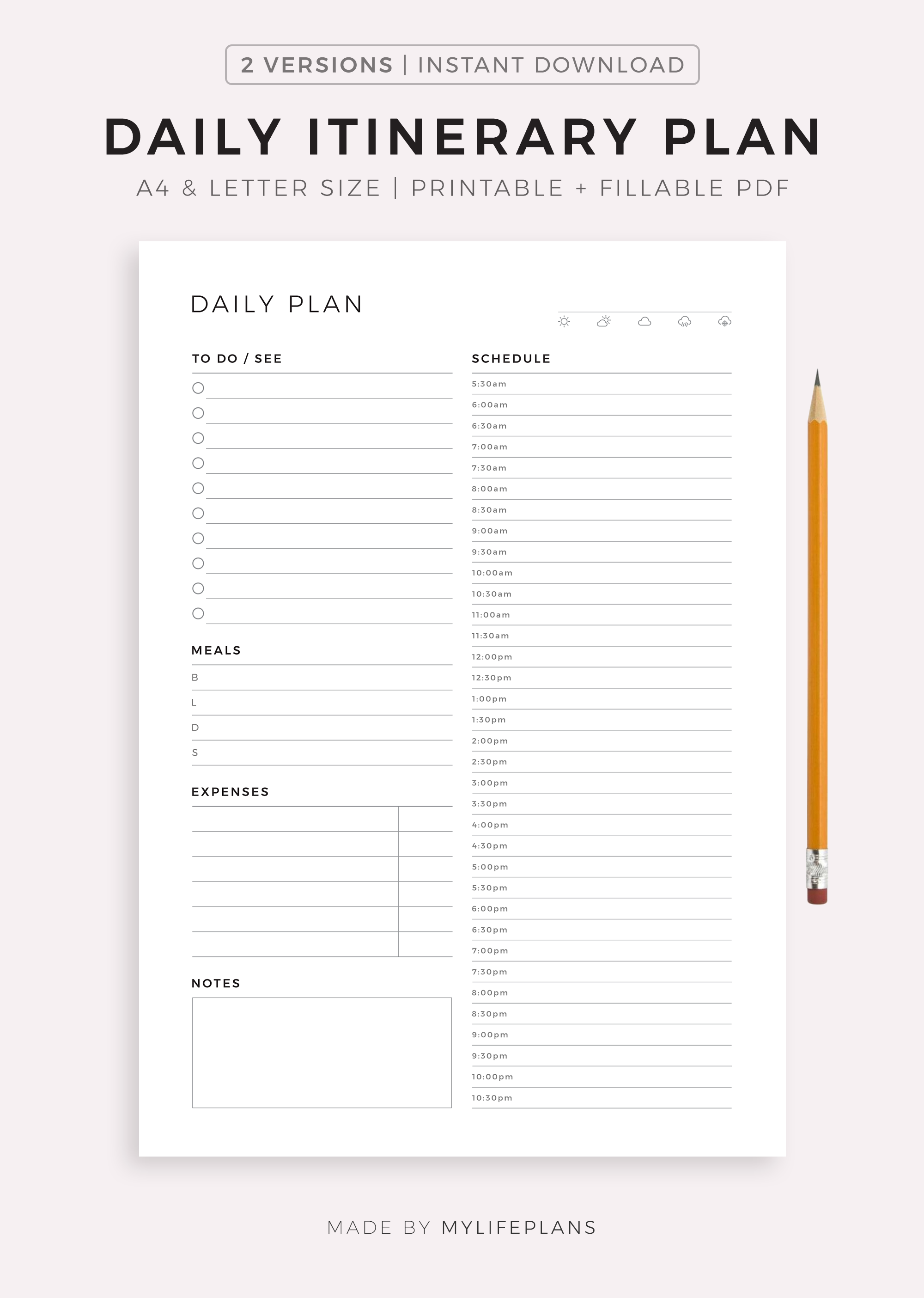Daily Itinerary Planner, Printable & Fillable, A4/Letter Size, Instant ...