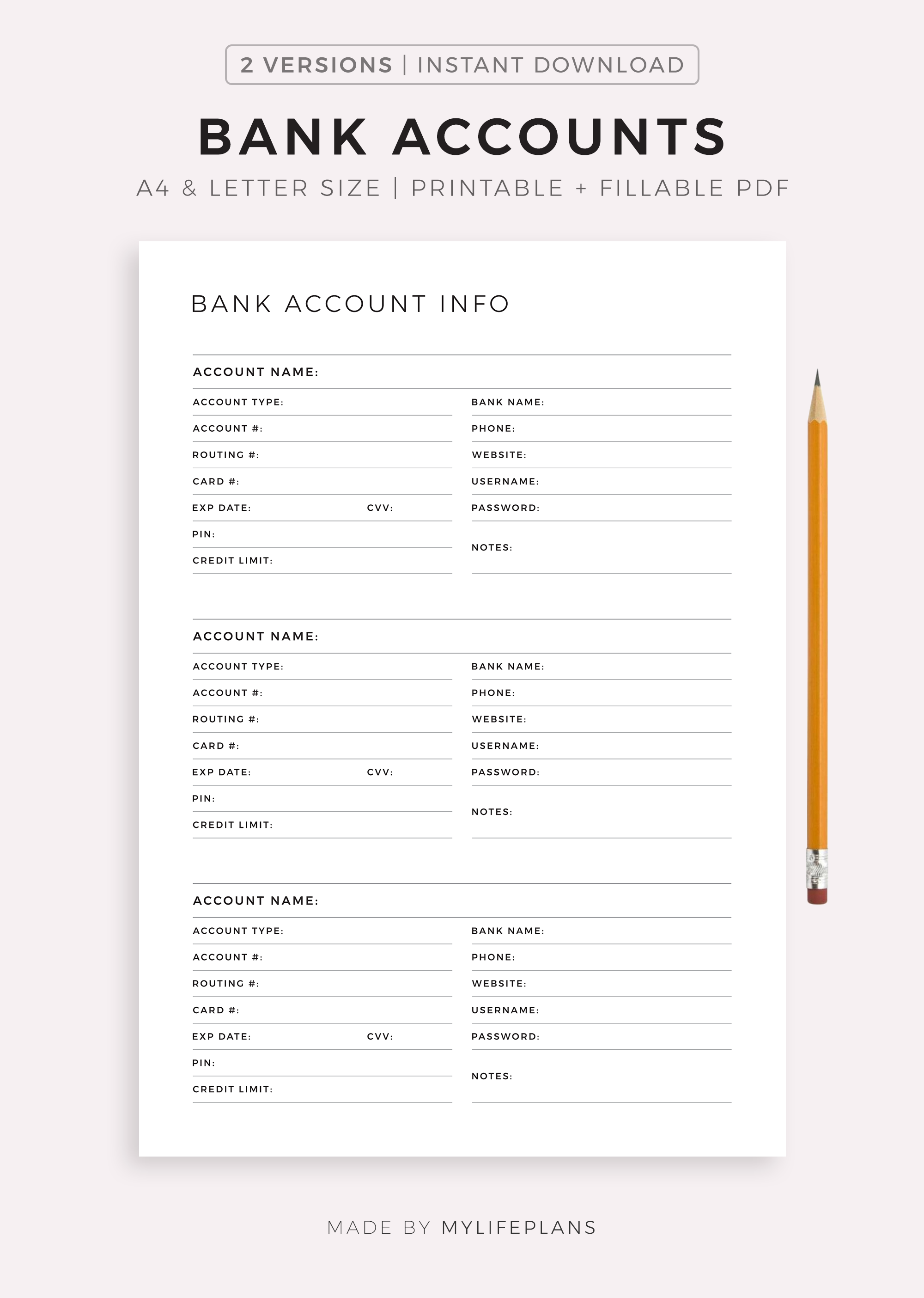 Bank Accounts Tracker, Printable & Fillable Template, A4/Letter Size ...