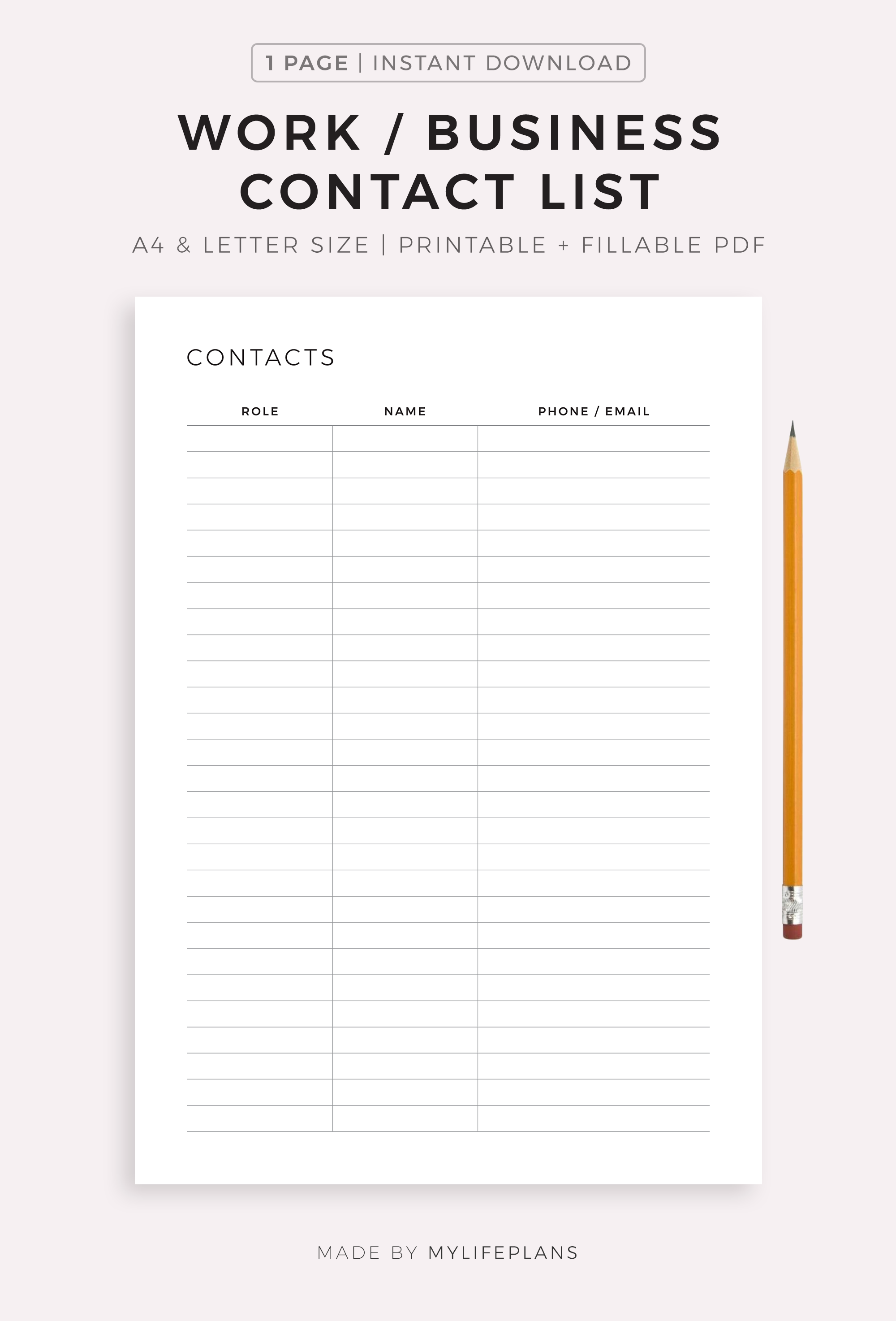 Work / Business Contact List Printable & Fillable Template, A4/Letter ...