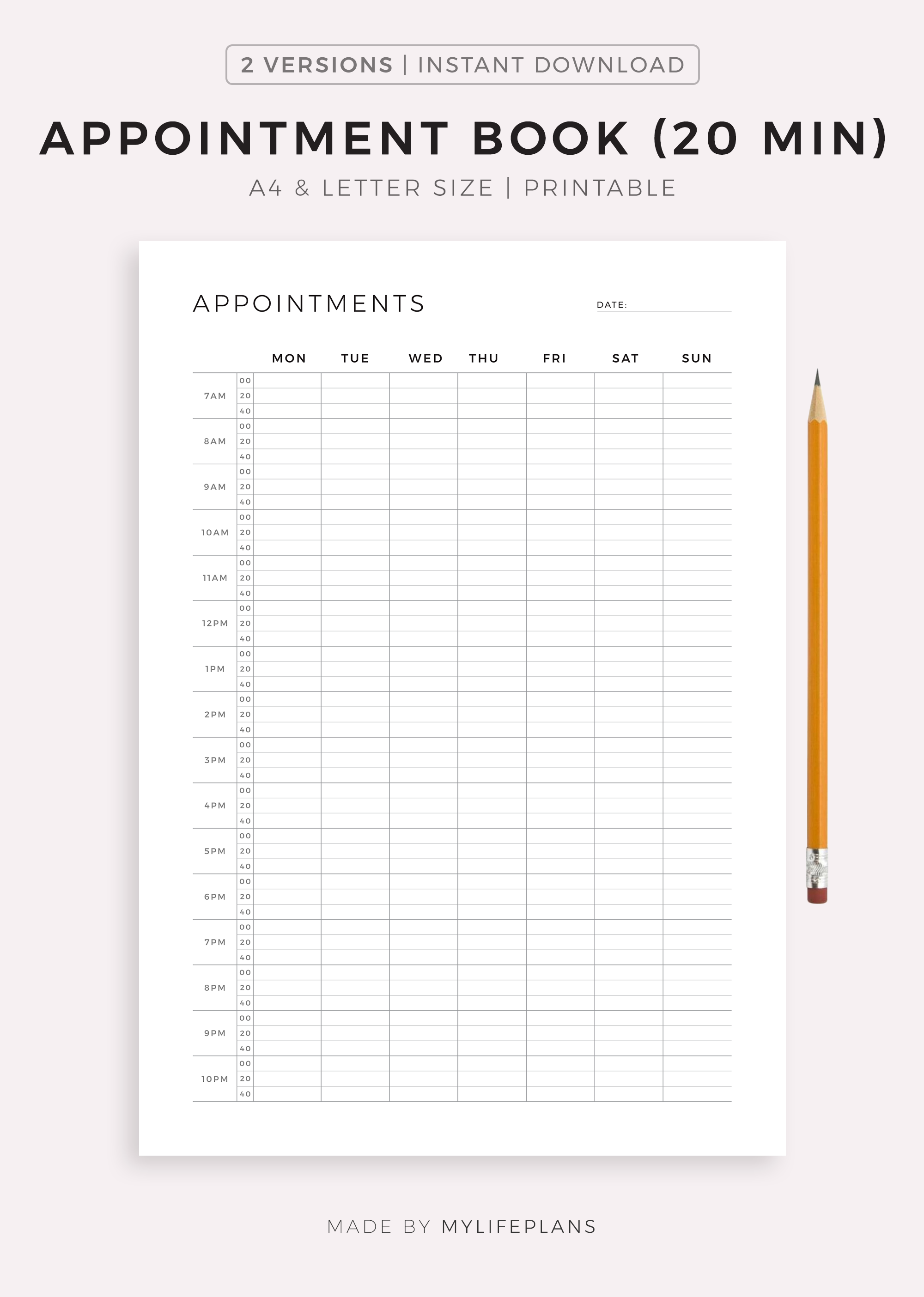 Appointment Book 20 Minute Intervals, Printable Template, A4/Letter ...