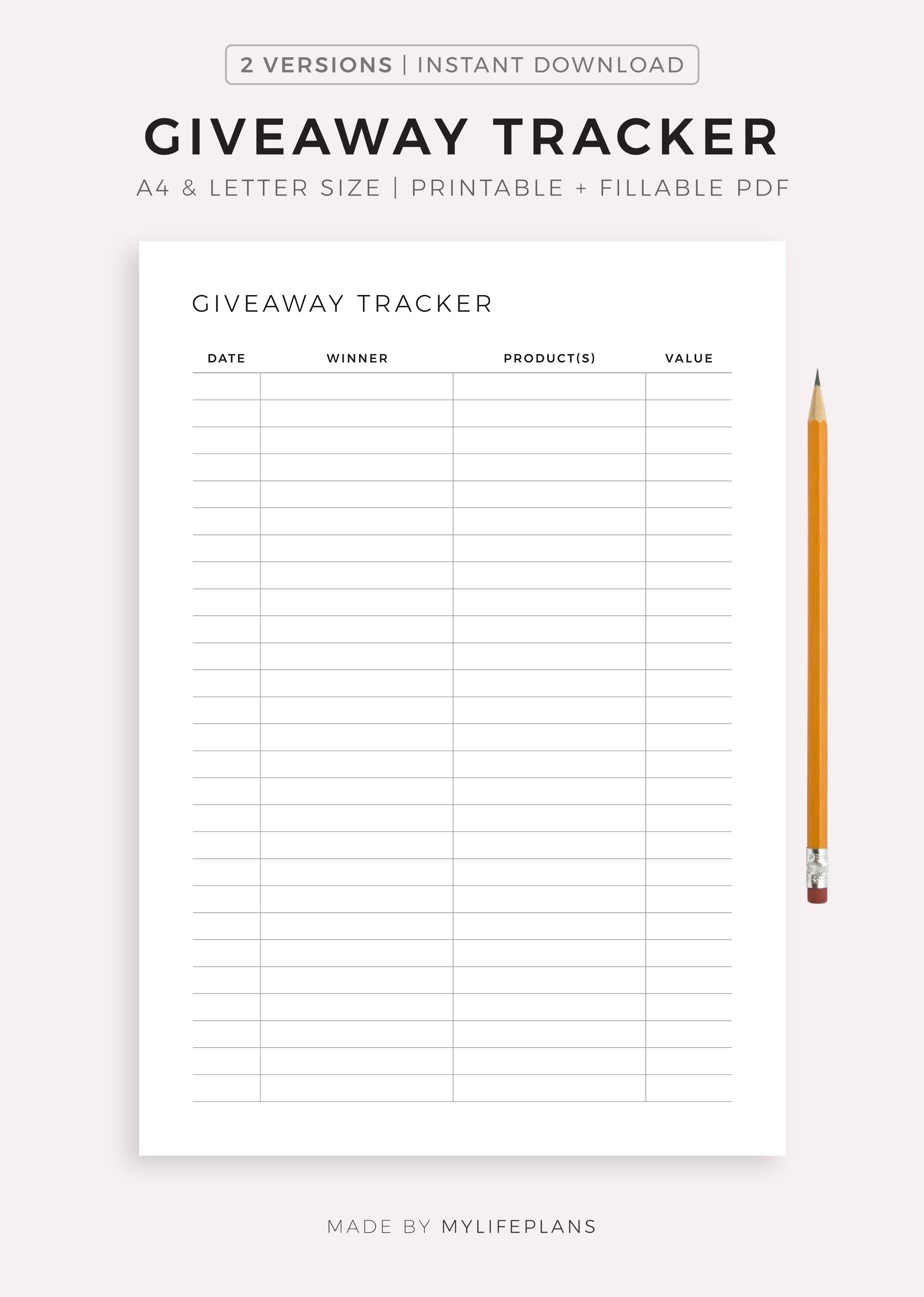 Giveaway Tracker, Printable & Fillable Template, A4/Letter Size ...