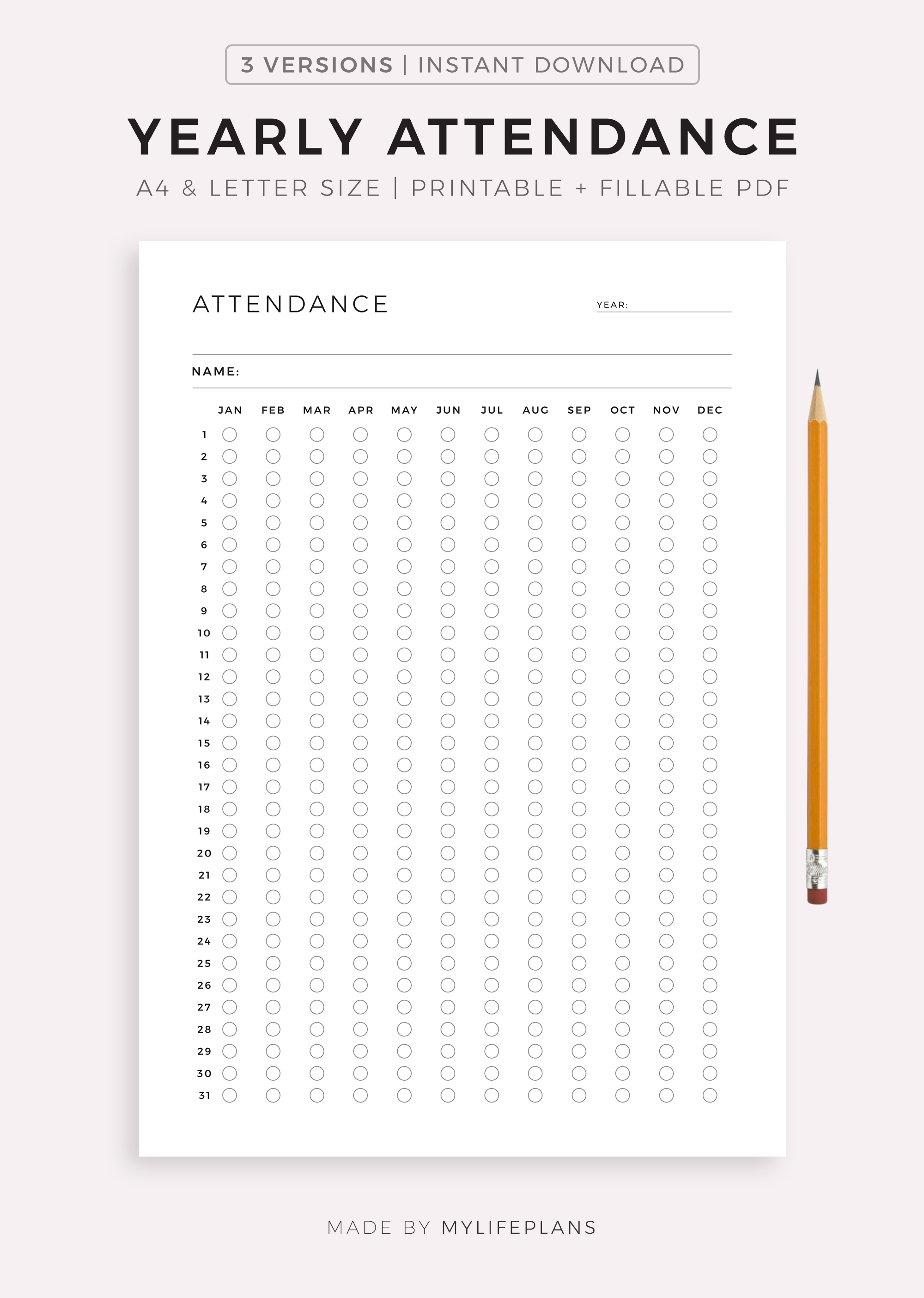 Yearly Attendance Log, Printable & Fillable Template, A4/Letter Size ...