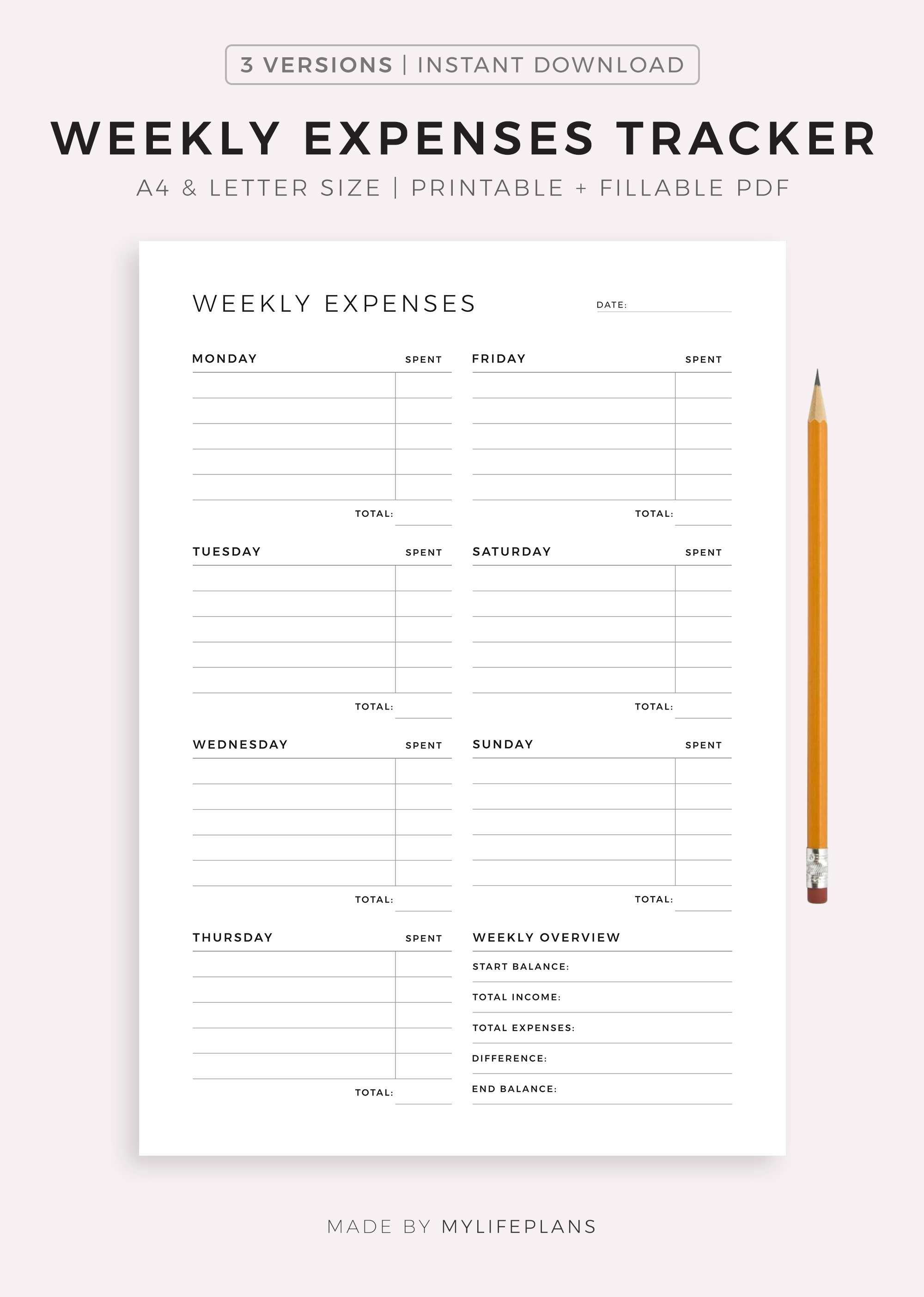 Weekly Expenses Tracker Printable & Fillable, A4/Letter Size, Instant ...